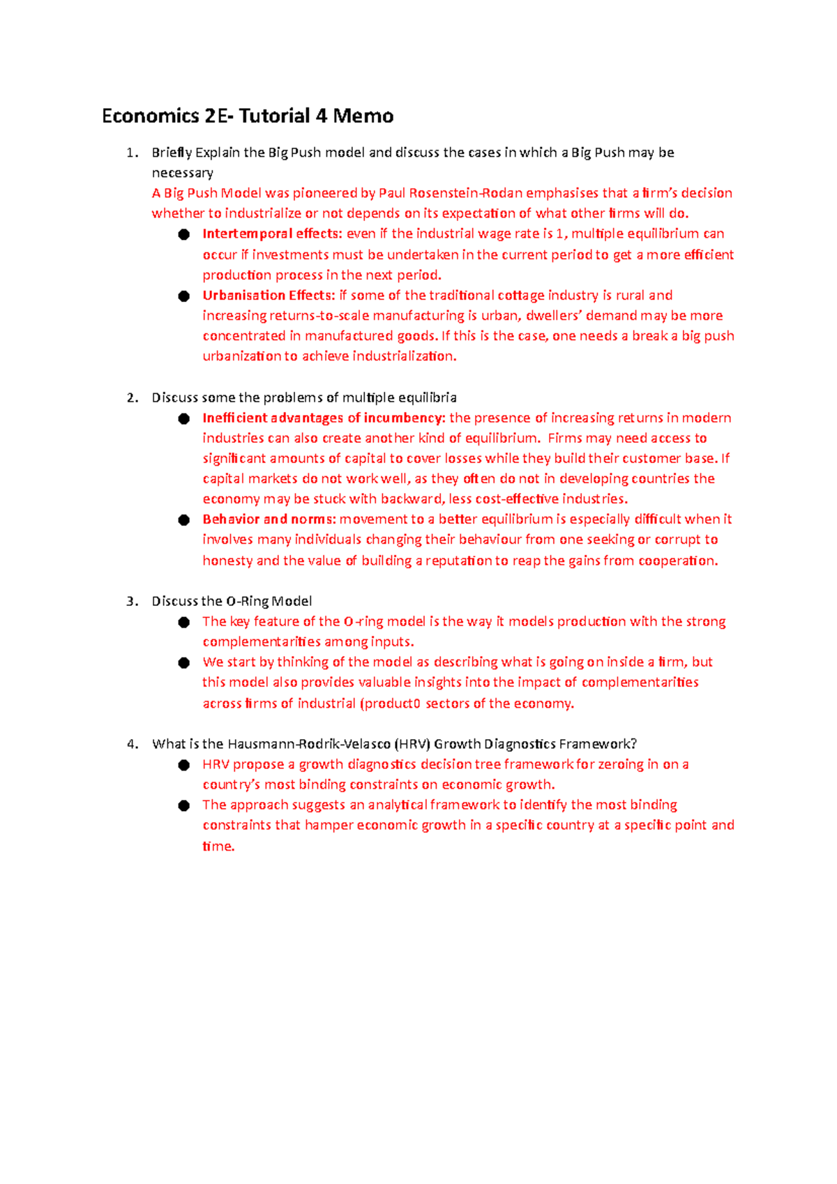 Tutorial 4 Memo 2022 - Economics 2E- Tutorial 4 Memo 1. Briefly Explain the Big Push model and ...