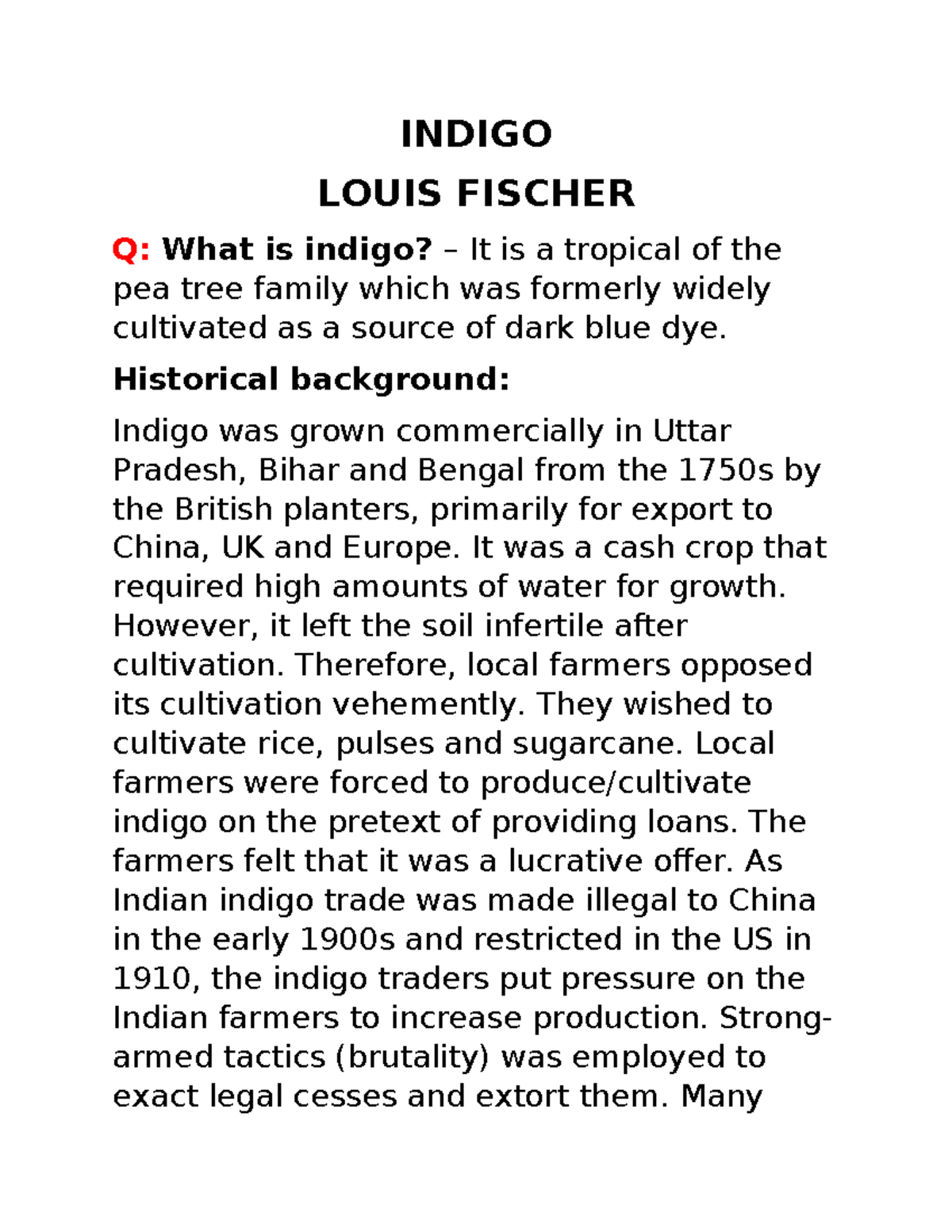 Indigo - Class Notes-1 - INDIGO LOUIS FISCHER Q: What is indigo? – It ...