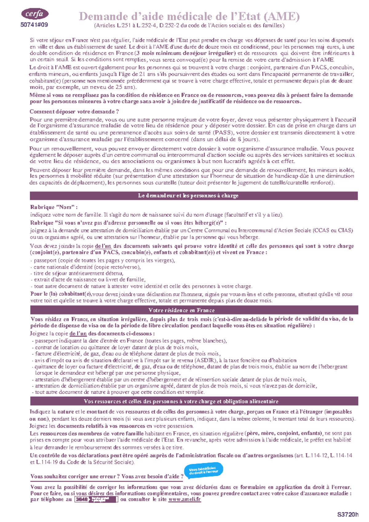 Formulaire-ame-s3720h - cerfa Demande d’aide médicale de l’Etat (AME) de - Studocu