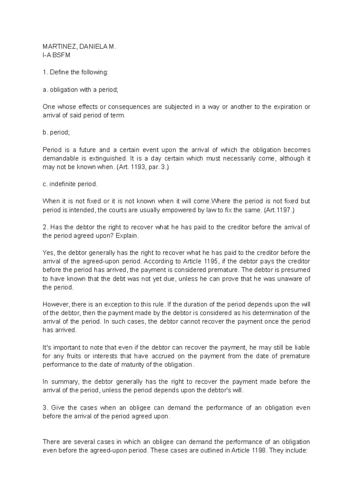 Assignment 1 Oblicon - MARTINEZ, DANIELA M. I-A BSFM Define the ...