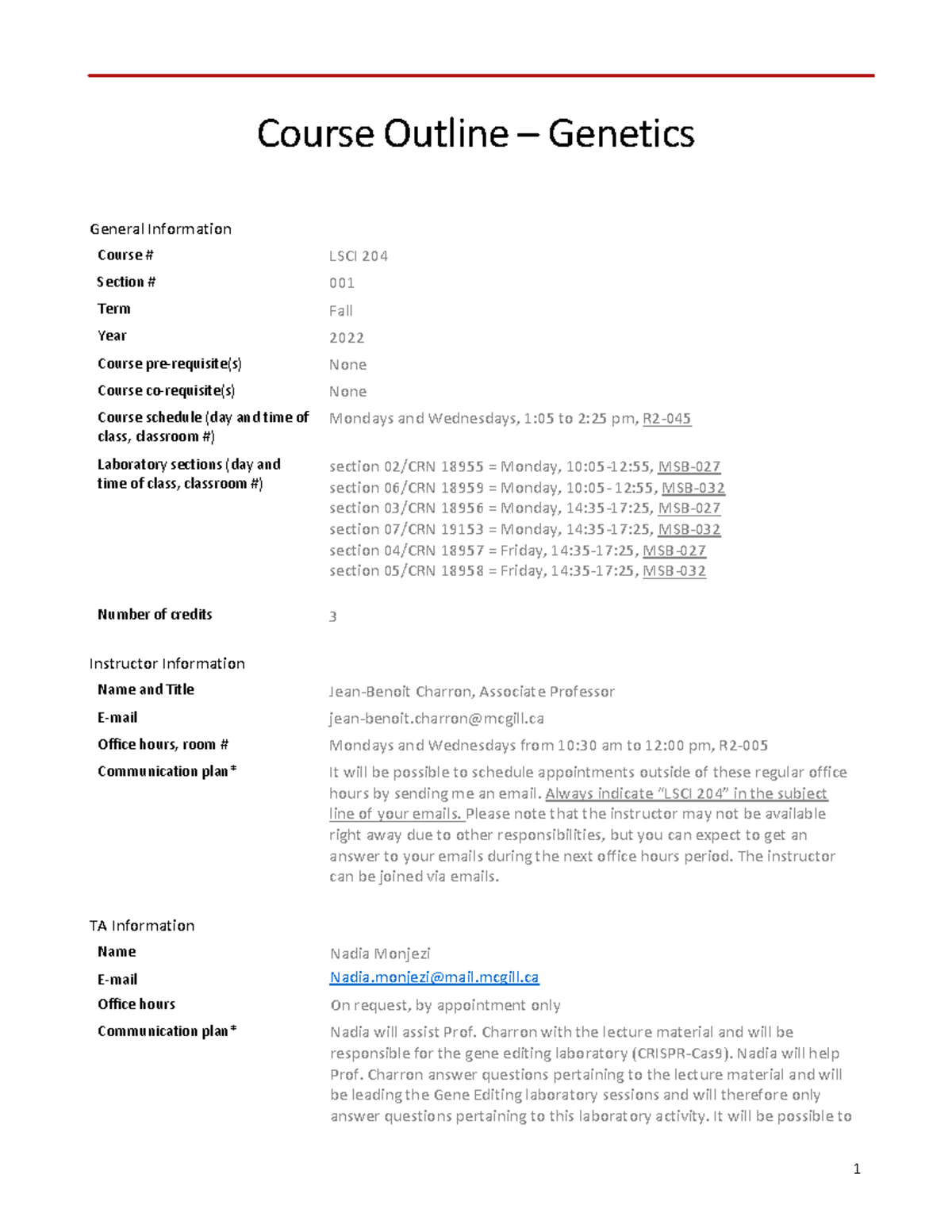 LSCI 204 - Genetics Course outline - Course Outline 3 Genetics General ...