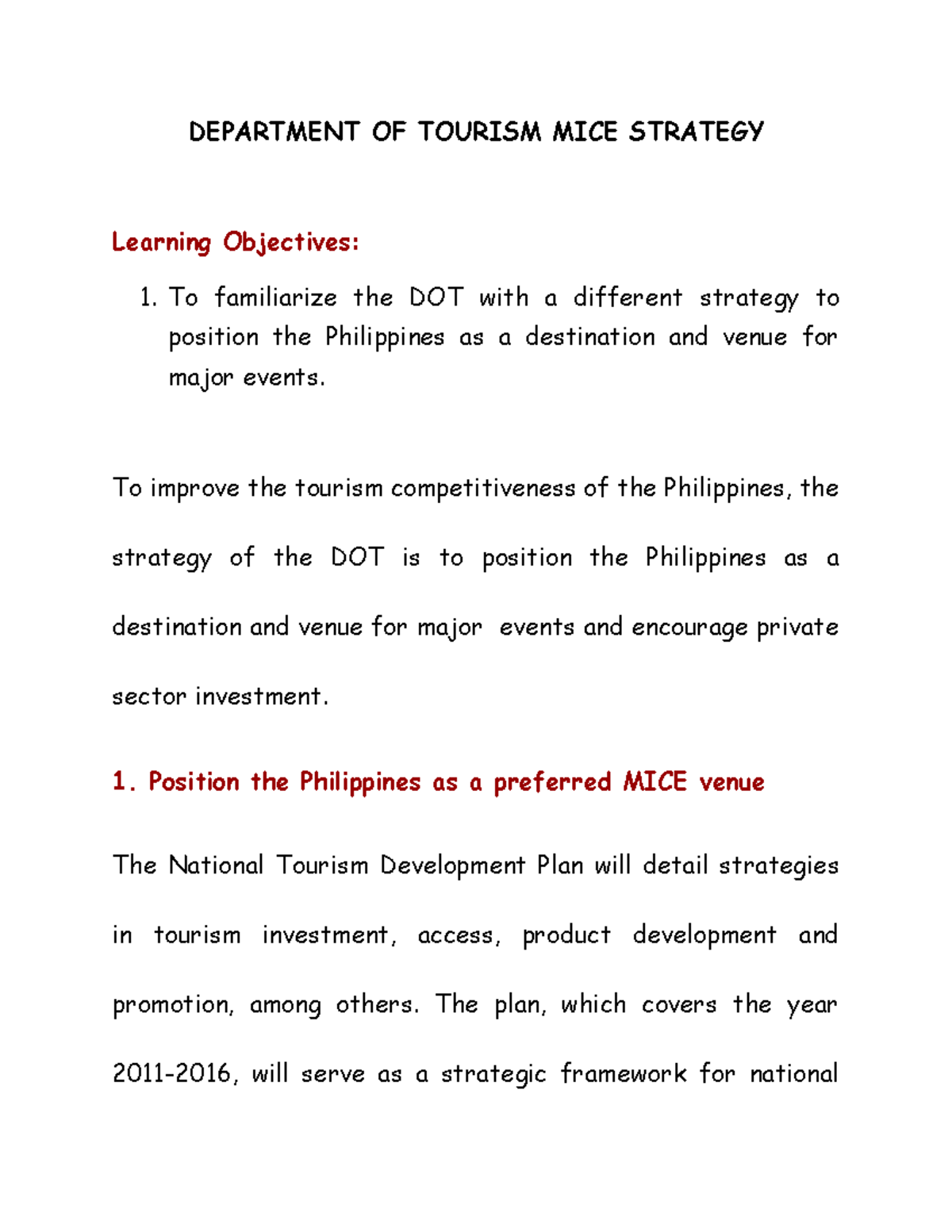 Department OF Tourism MICE Strategy - DEPARTMENT OF TOURISM MICE ...