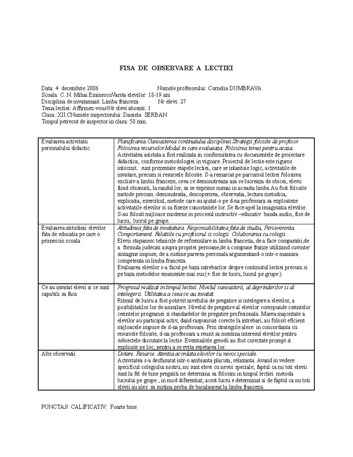 82840528 fisa de observare a lectiei - FISA DE OBSERVARE A LECTIEI Data ...