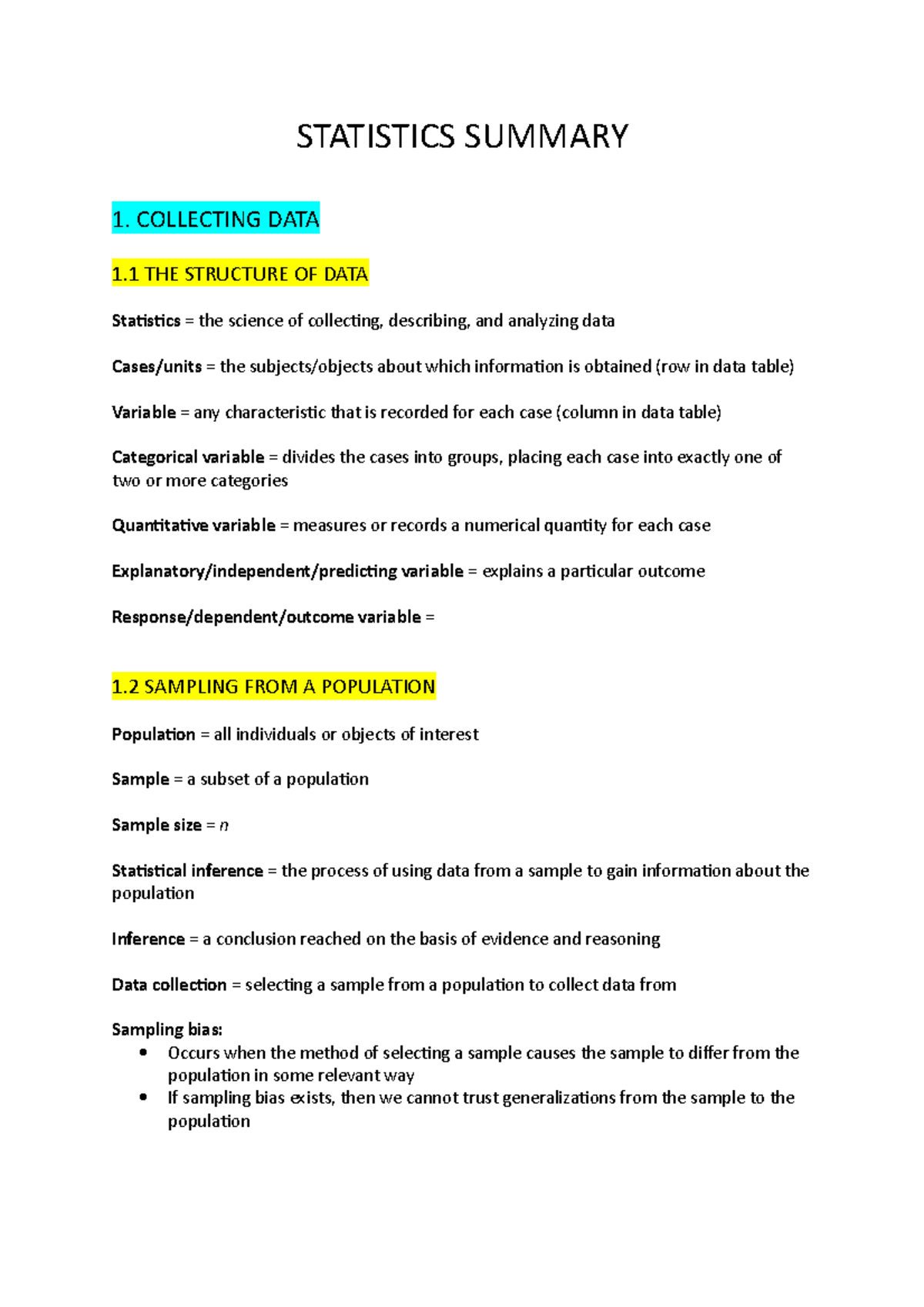 Statistics summary - STATISTICS SUMMARY 1. COLLECTING DATA 1 THE ...