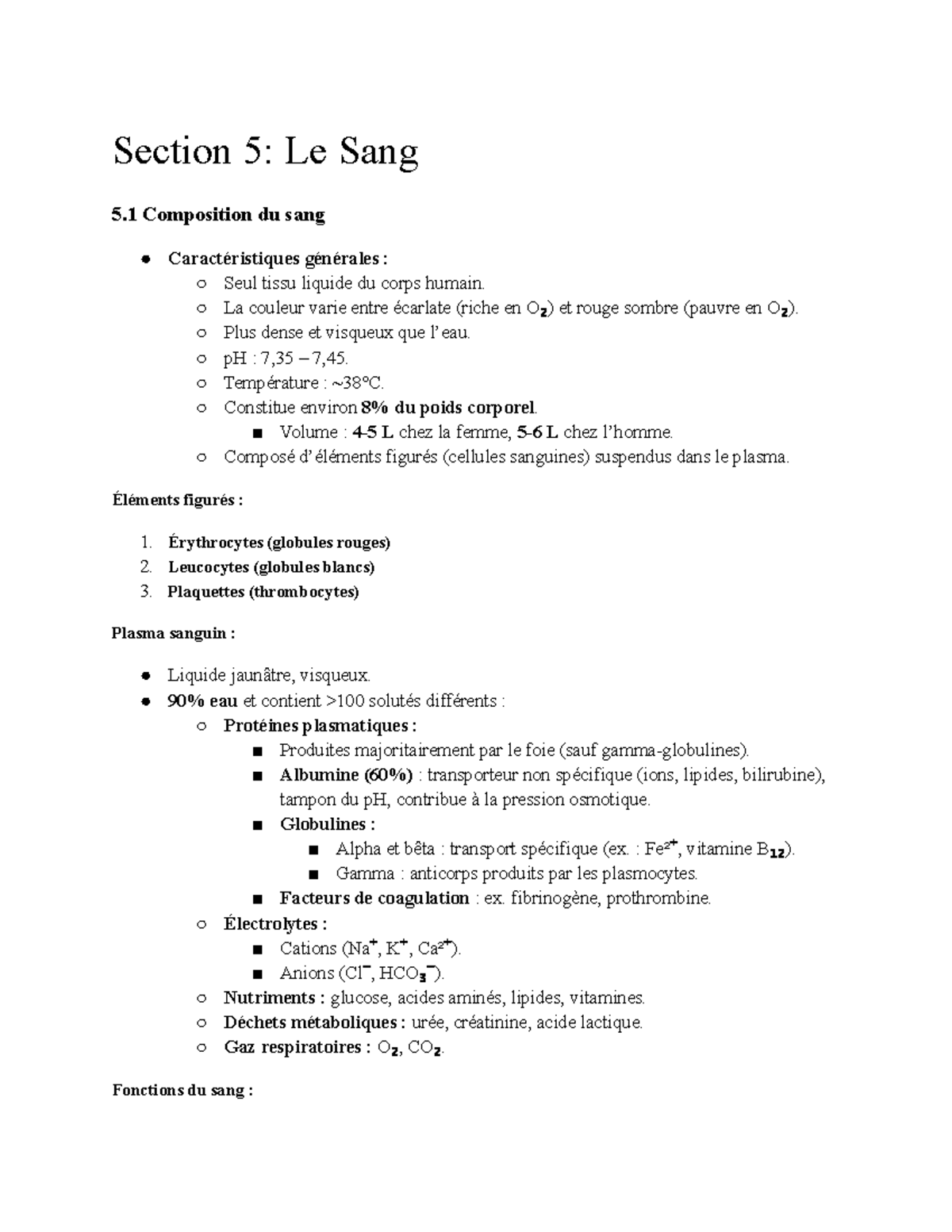 ANP Final EXAM Notes - Section 5: Le Sang 5 Composition du sang ...
