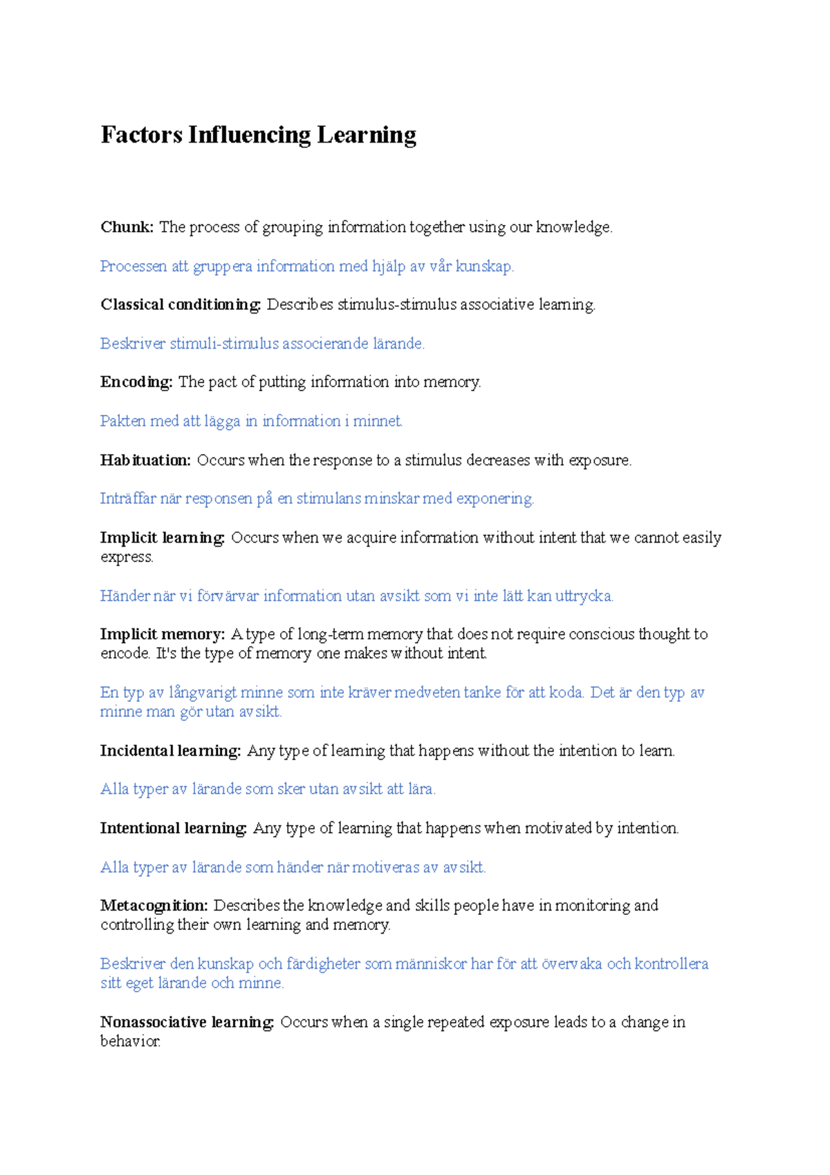 Factors Influencing Learning - Factors Influencing Learning Chunk: The ...