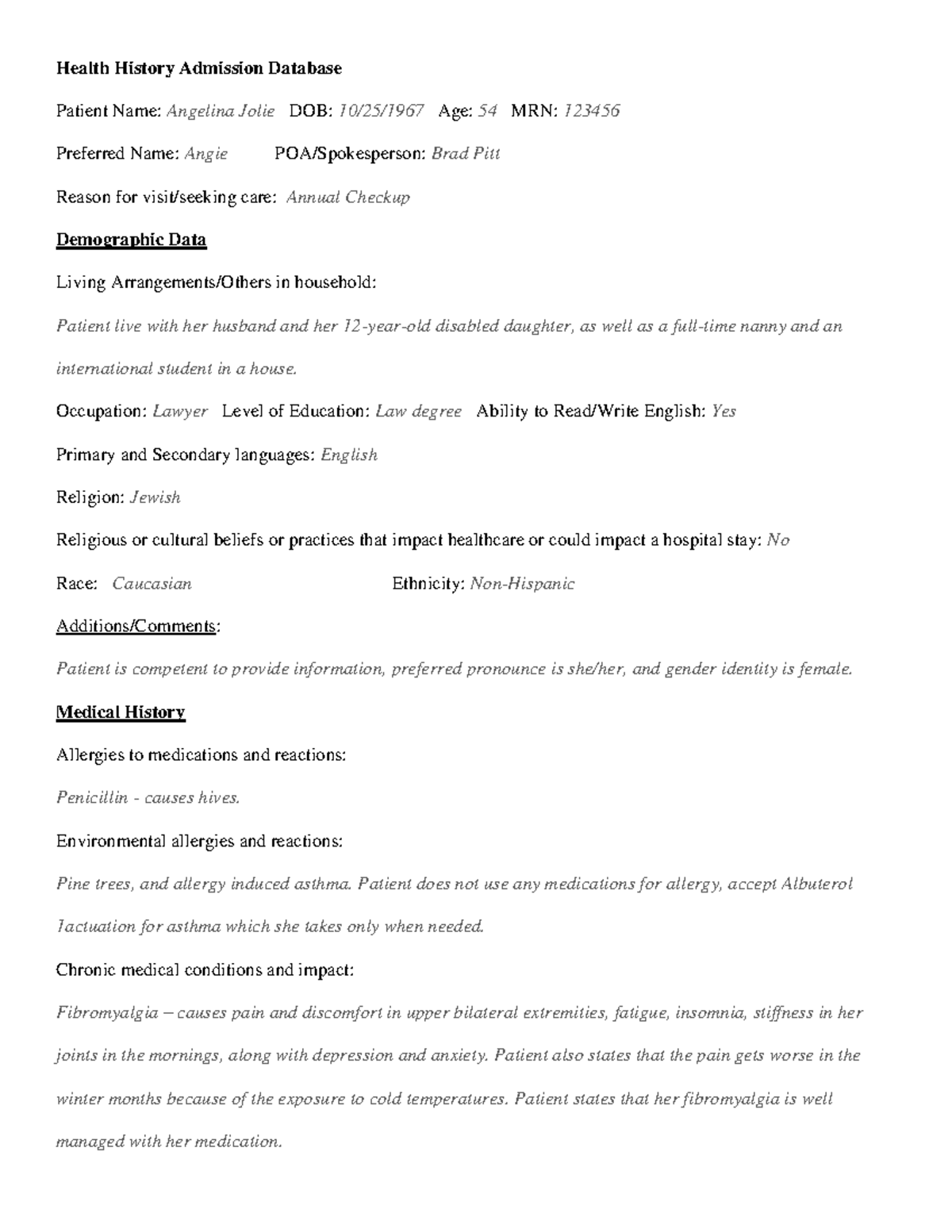 Health history - Assignment - Health History Admission Database Patient ...