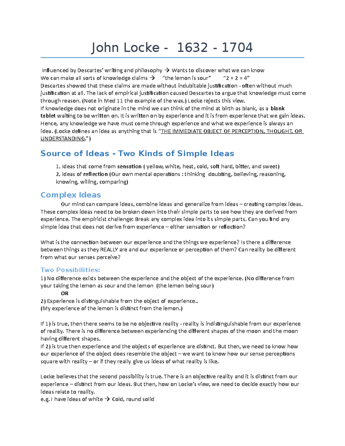 John Locke - notes - John Locke - 1632 - 1704 - Studocu