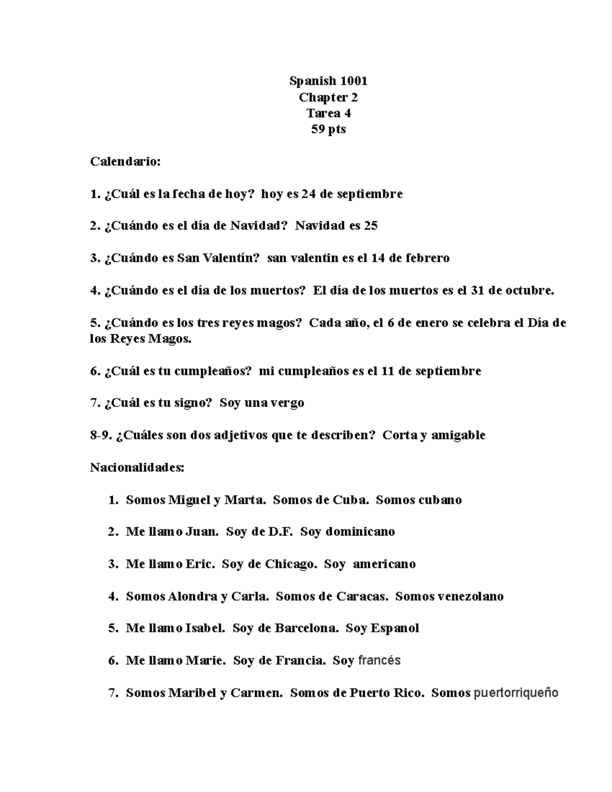 Tarea 4 Spanish 1001 Chapter 2 Tarea 4 59 Pts Calendario Cu l Es