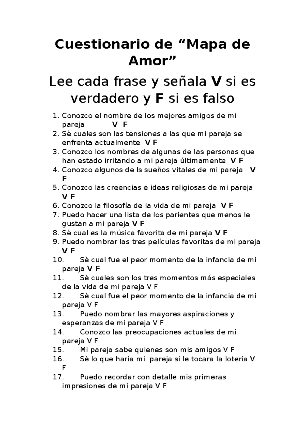 Test mapa del amor - Cuestionario de “Mapa de Amor” Lee cada frase y ...