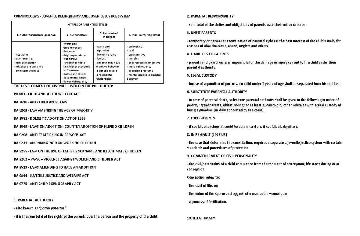 CRIM5-Reviewer - Criminology 5 - CRIMINOLOGY 5 - JUVENILE DELINQUENCY ...
