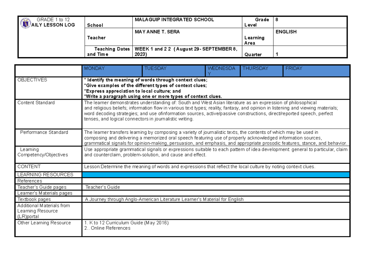 Q1 DLL English 8 W1 & W2 - GRADE 1 to 12 DAILY LESSON LOG School ...
