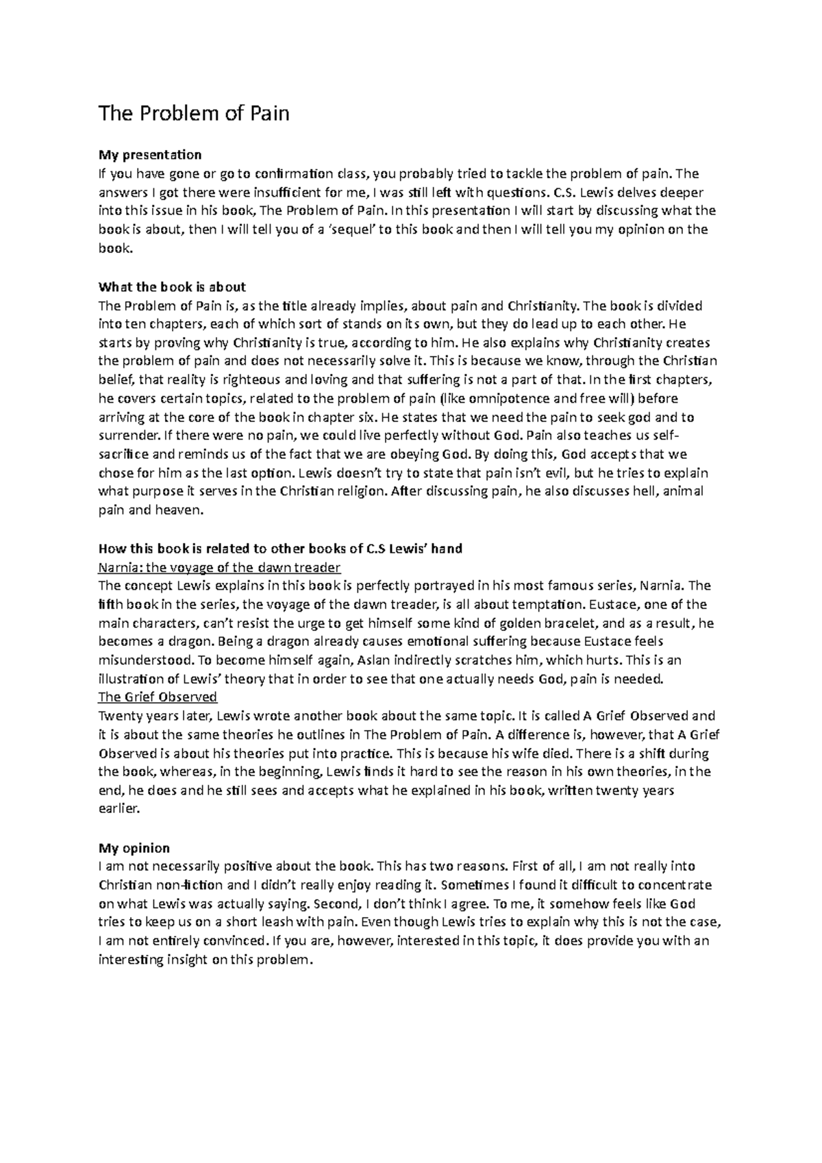 Presentation format about the book 'The Problem of Pain' by C.S. Lewis ...