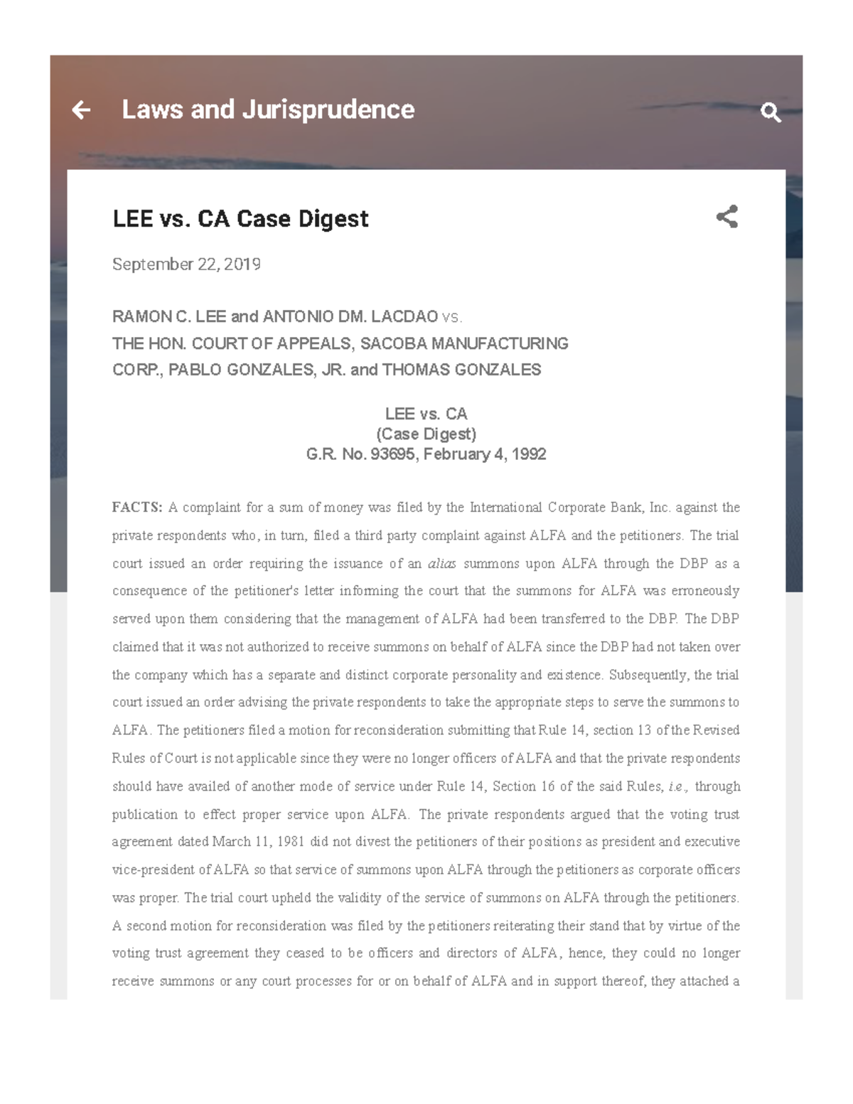CASE DIGEST 0011 - Laws and Jurisprudence LEE vs. CA Case Digest ...