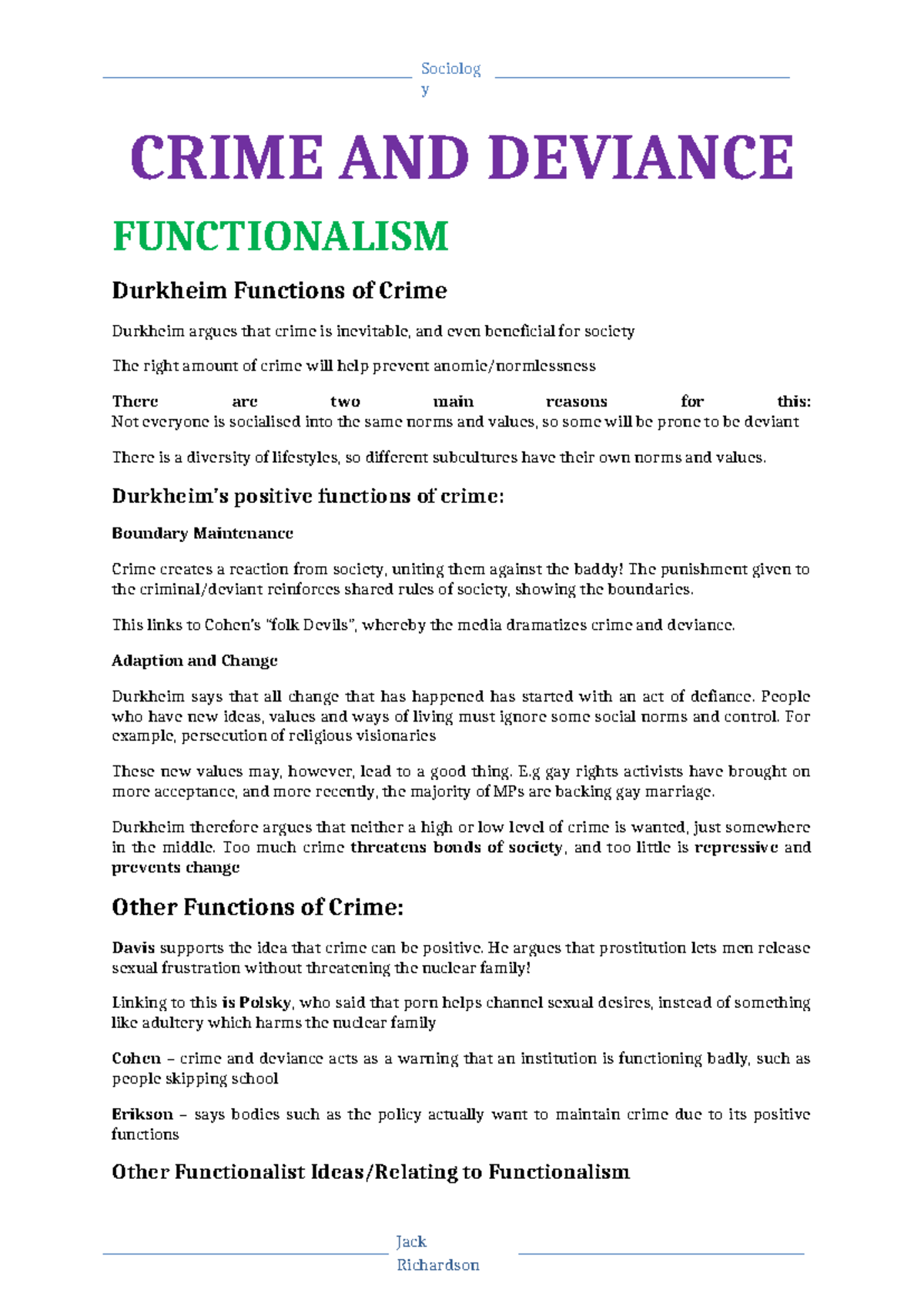 Crime and Deviance Revision - CRIME AND DEVIANCE FUNCTIONALISM Durkheim ...