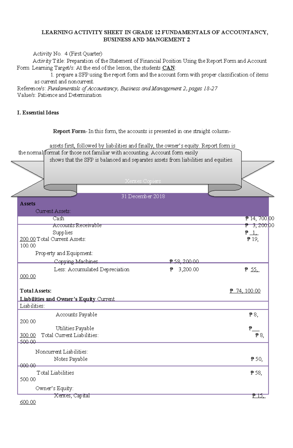 Act. 4 Preparation of the SFP Using the Report and Account Form ...