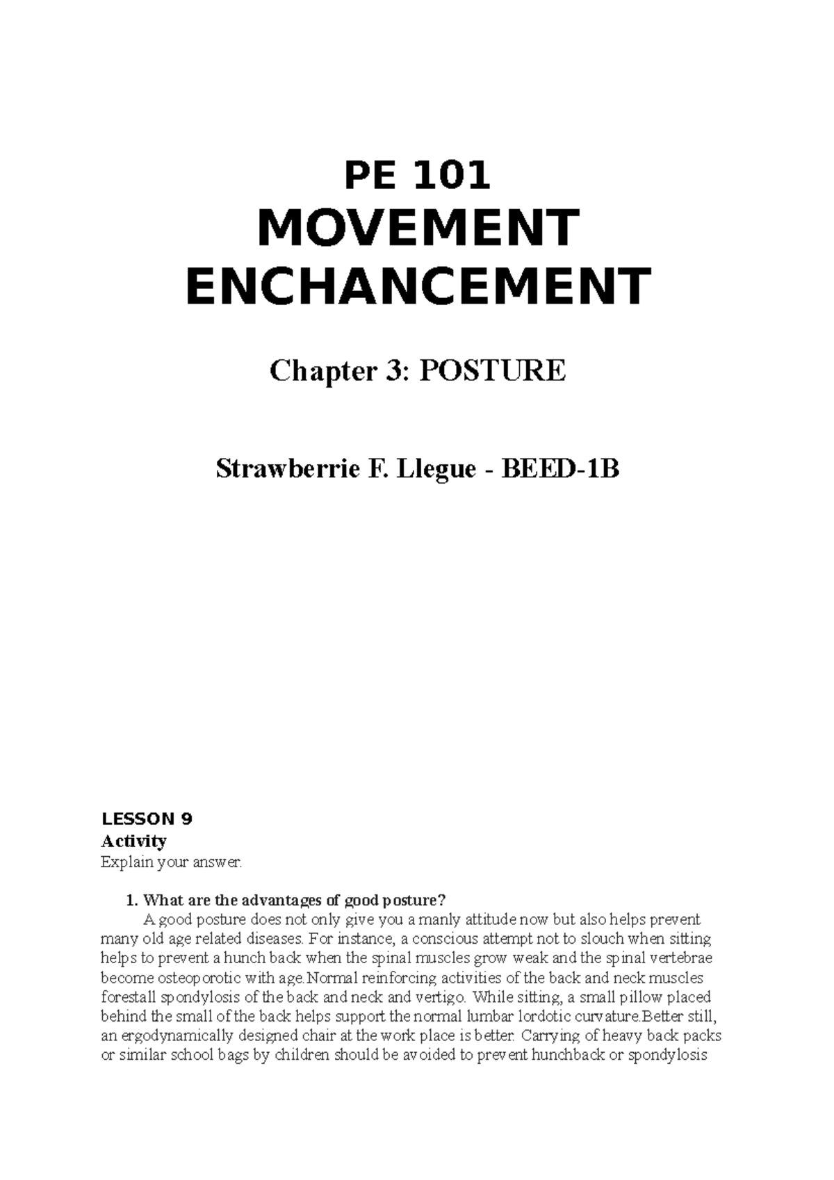 Strawberrie F. Llegue BEED 1B Movement Enchancement PE 101 Module 3 - PE 101 MOVEMENT ...