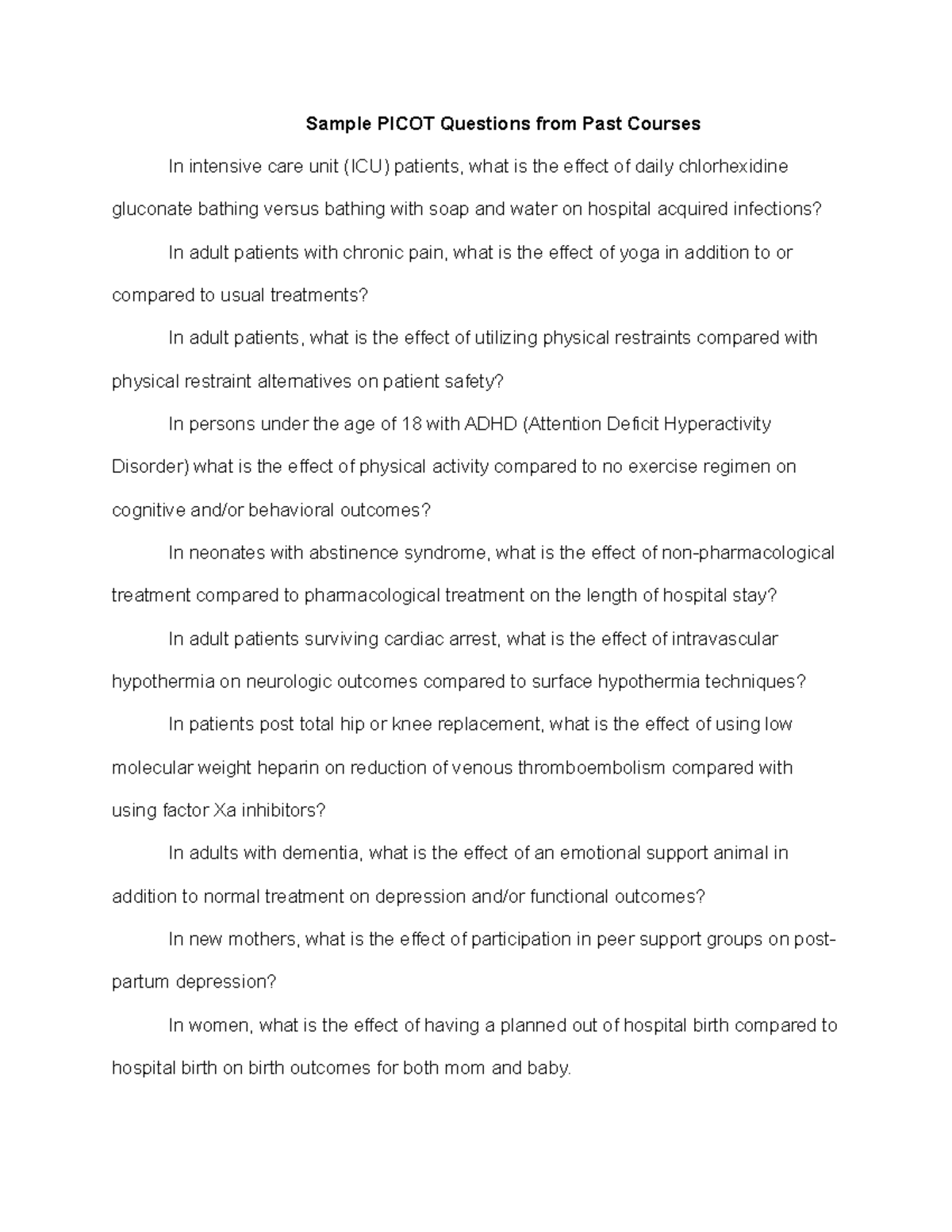 Sample Picot Questions From Past Courses 1 Sample PICOT Questions