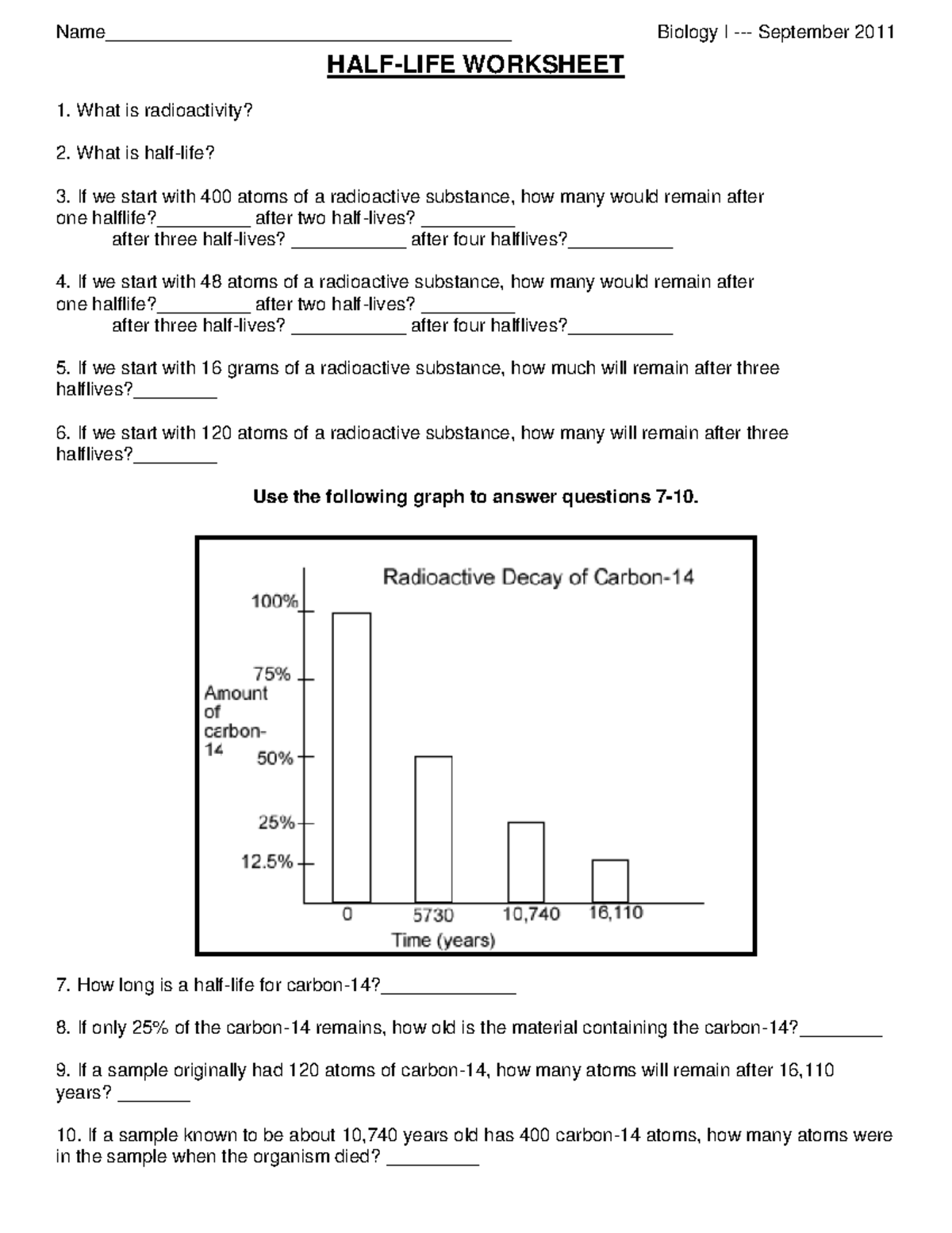 9-29 Half Life Worksheet - Name ...