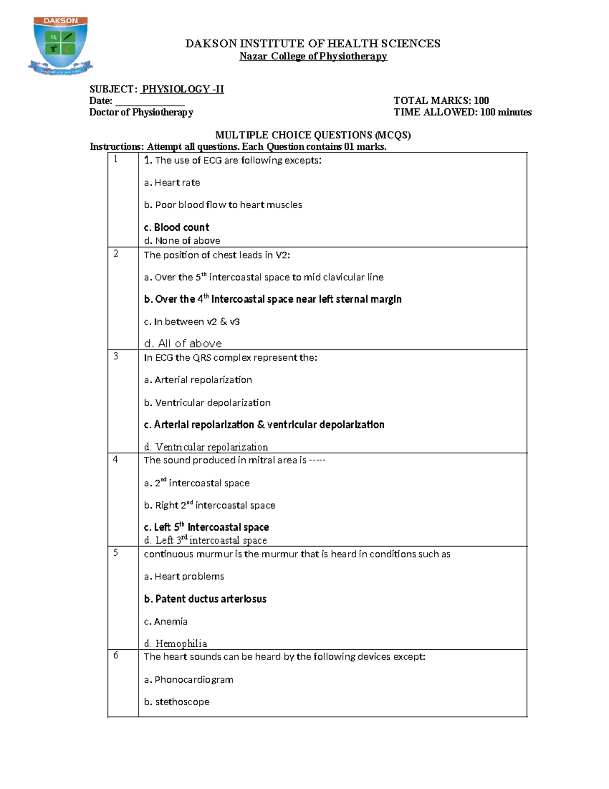 Dakson final 2023 - The file includes past paper - Nazar College of Physiotherapy SUBJECT: - Studocu