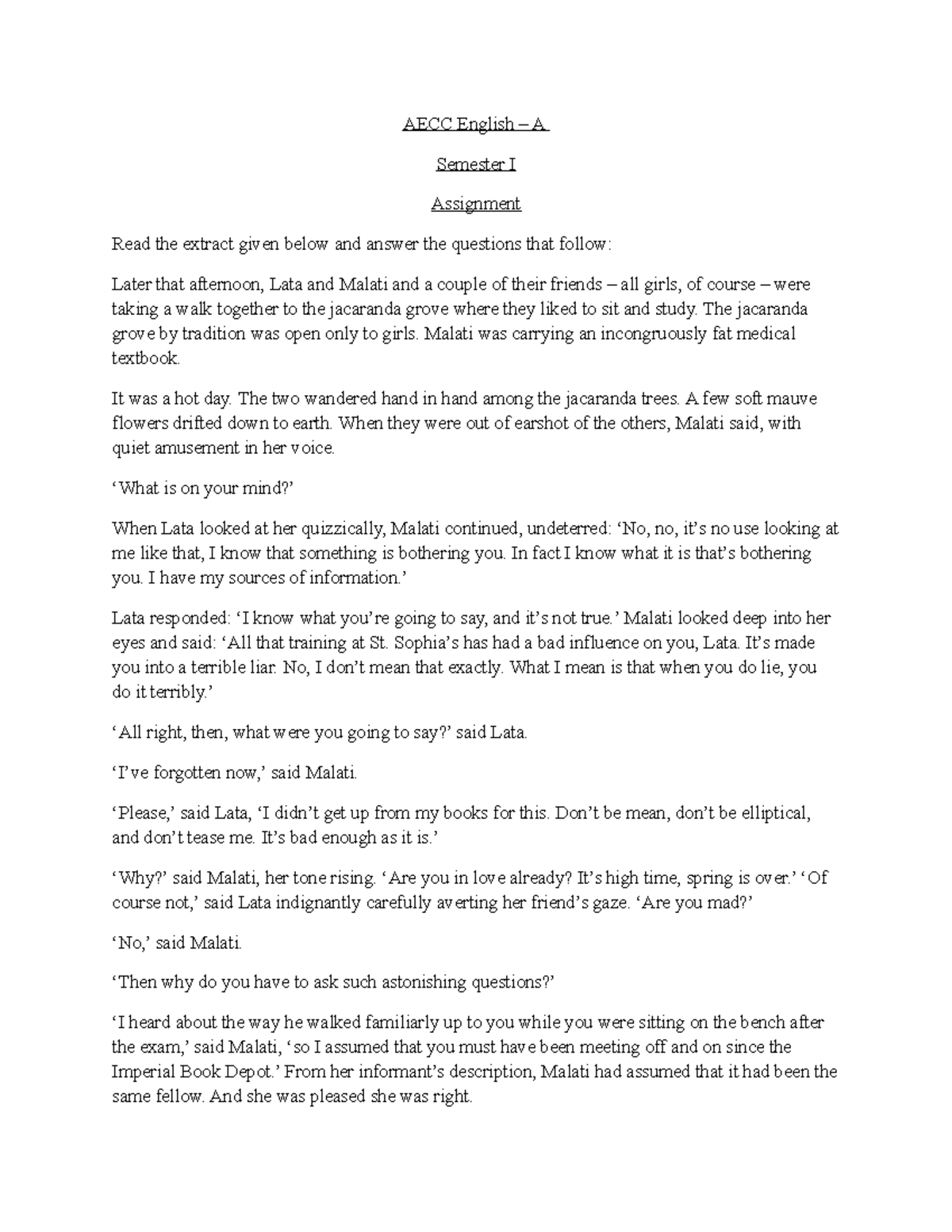 IA AECC English - A Jan 2022 - AECC English – A Semester I Assignment Read the extract given ...