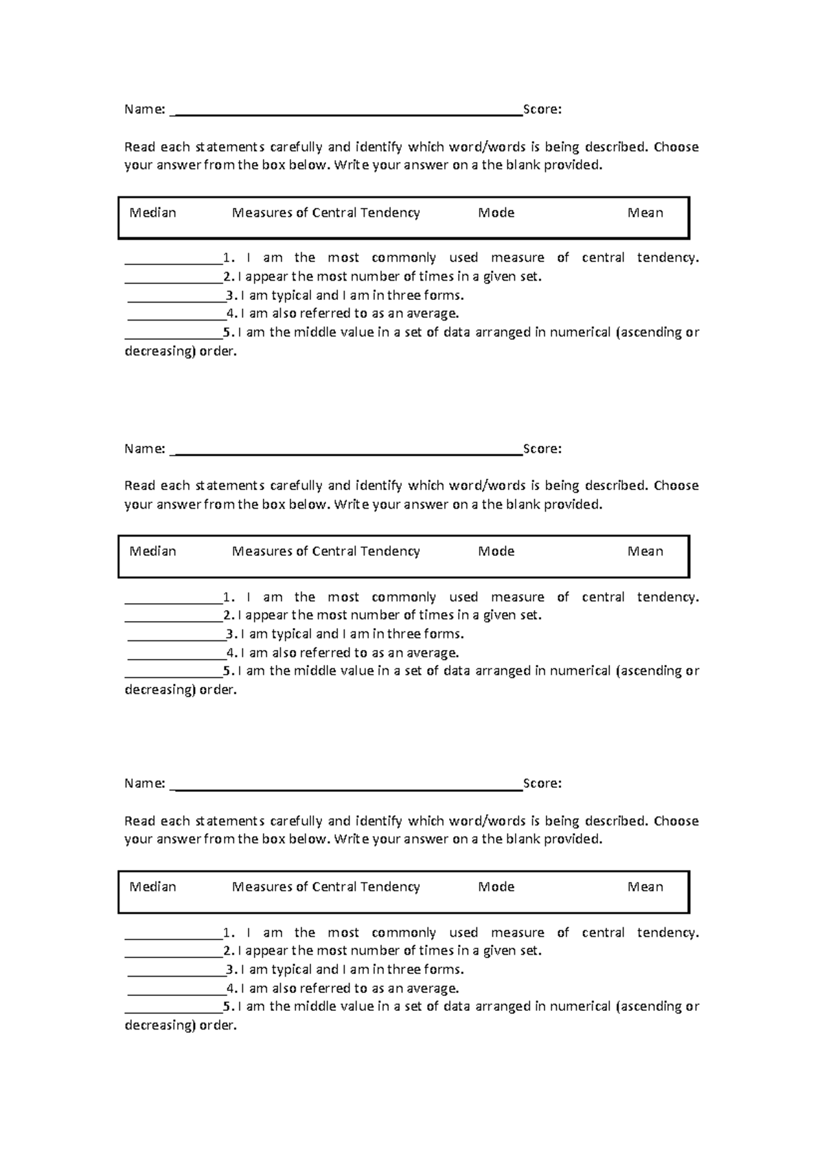 Assessment-1 - ASSESSMENT - Name: _ Score: Read each statements ...