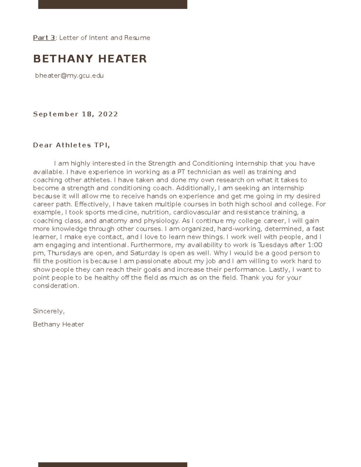 EXS 210- Assignment part 3 resumea - Part 3: Letter of Intent and ...