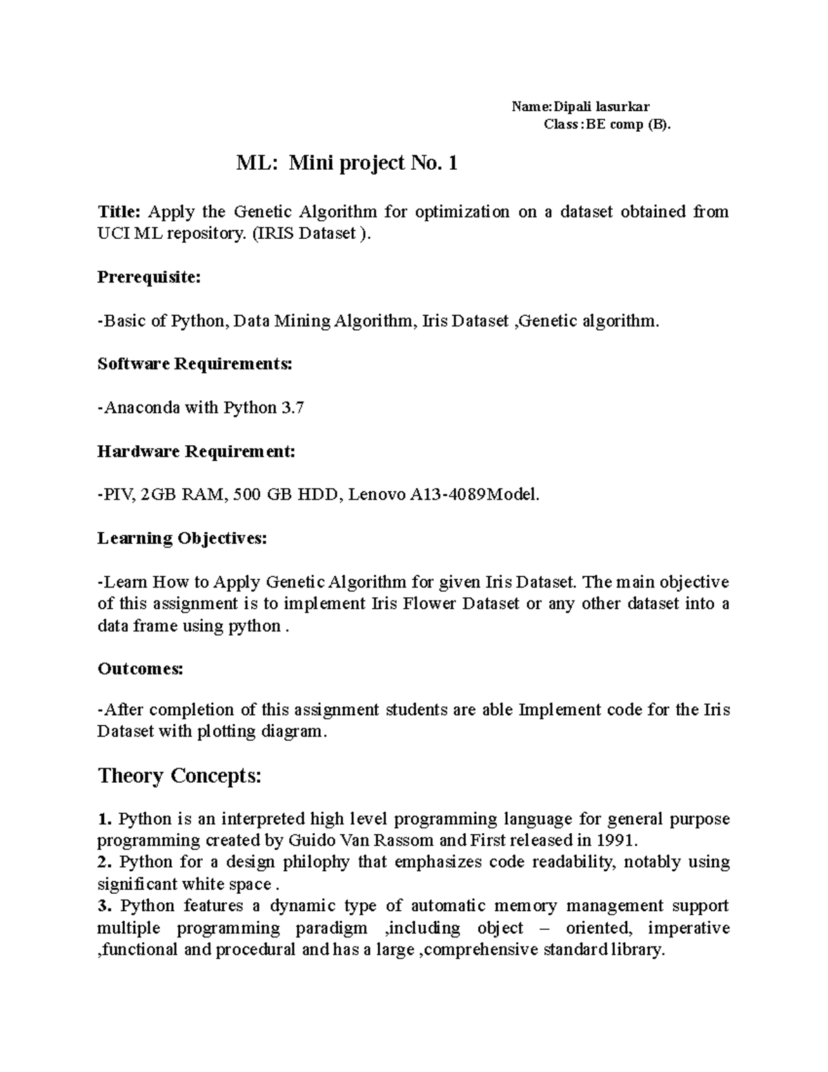 Mini project Manual - Name:Dipali lasurkar Class :BE comp (B). ML: Mini ...