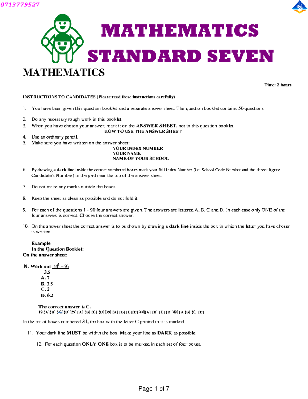 MATH 7 - Science - MATHEMATICS Time: 2 hours INSTRUCTIONS TO CANDIDATES ...