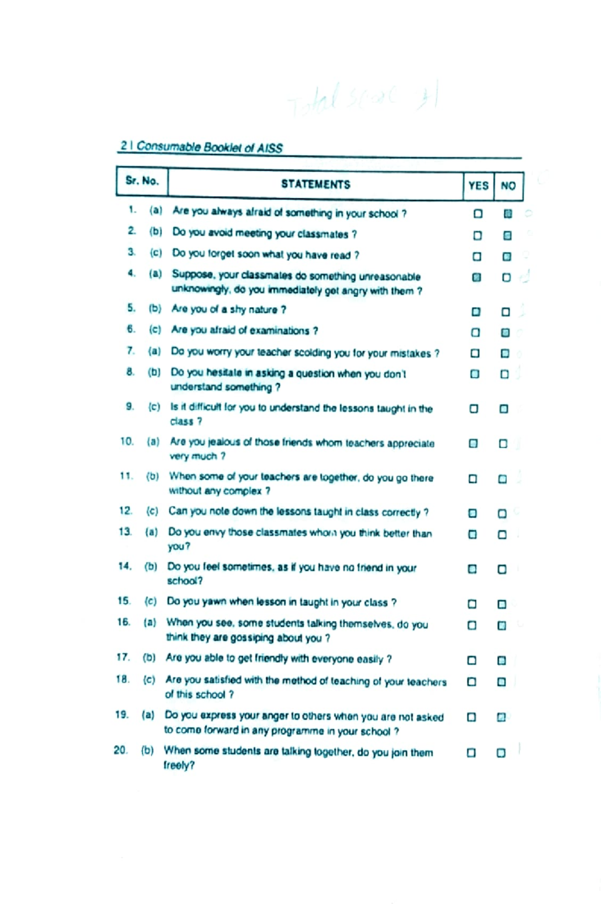 Aiss inventory with scoring - 21 Consumable Booklet of AISS ####### Sr. No. 1 2. 3 4. 6 8 9 10 ...