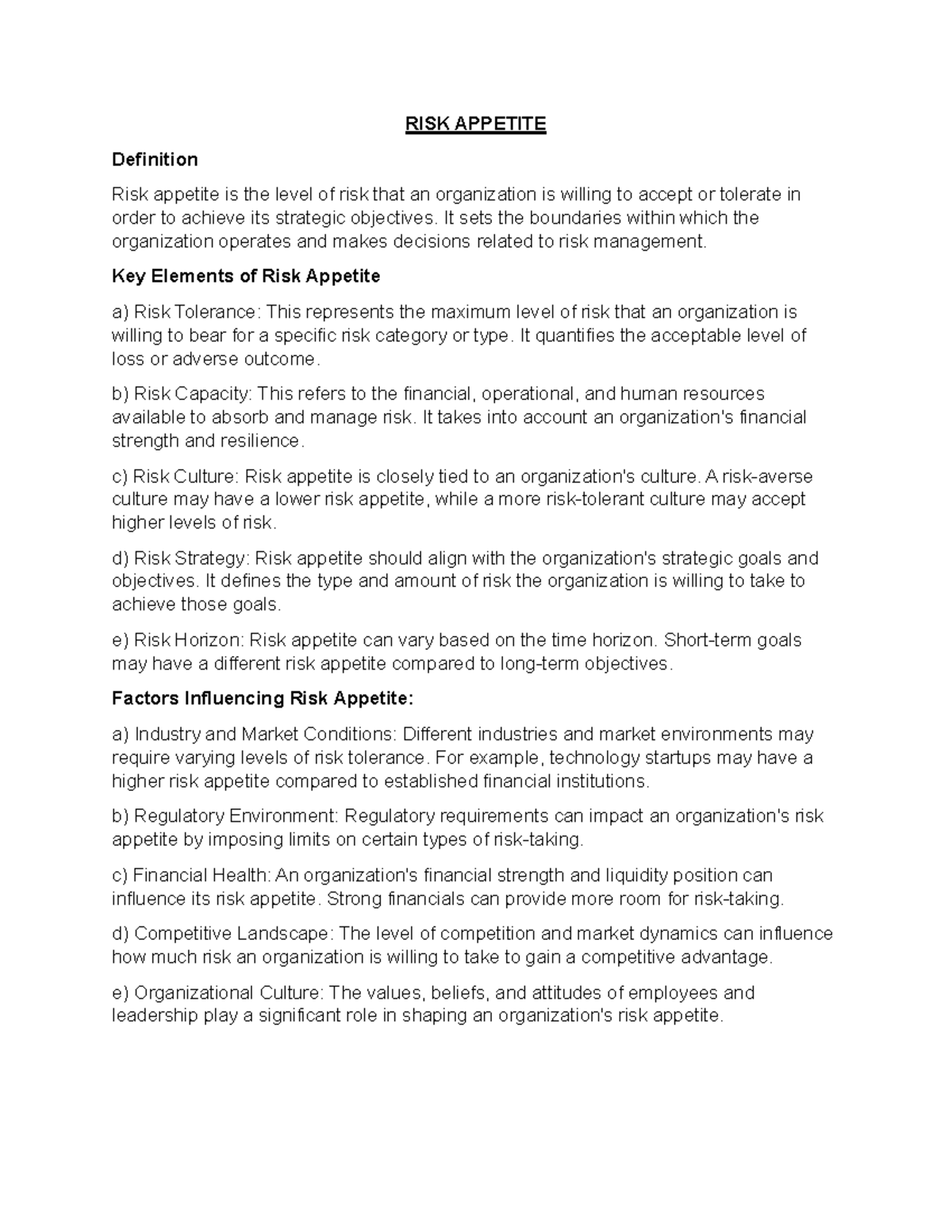 RM Notes - RISK APPETITE Definition Risk appetite is the level of risk ...