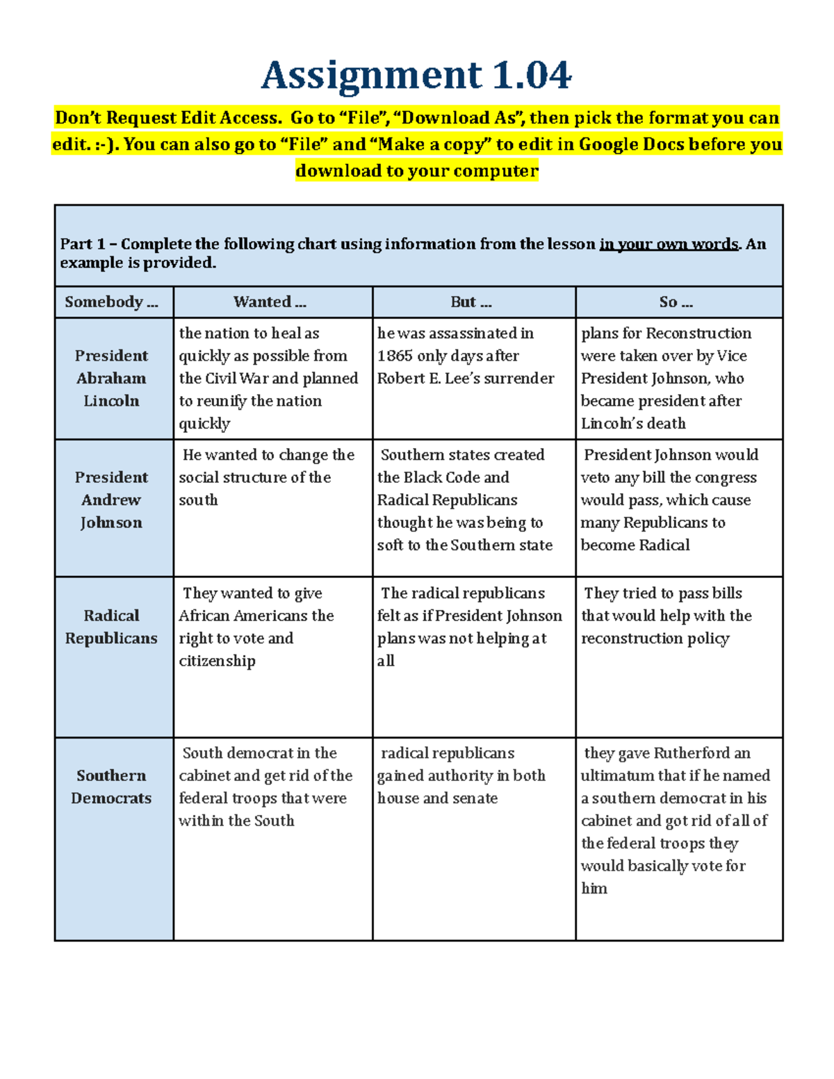 USH v21 1 - N/A - Assignment 1. Don’t Request Edit Access. Go to “File”, “Download As”, then ...