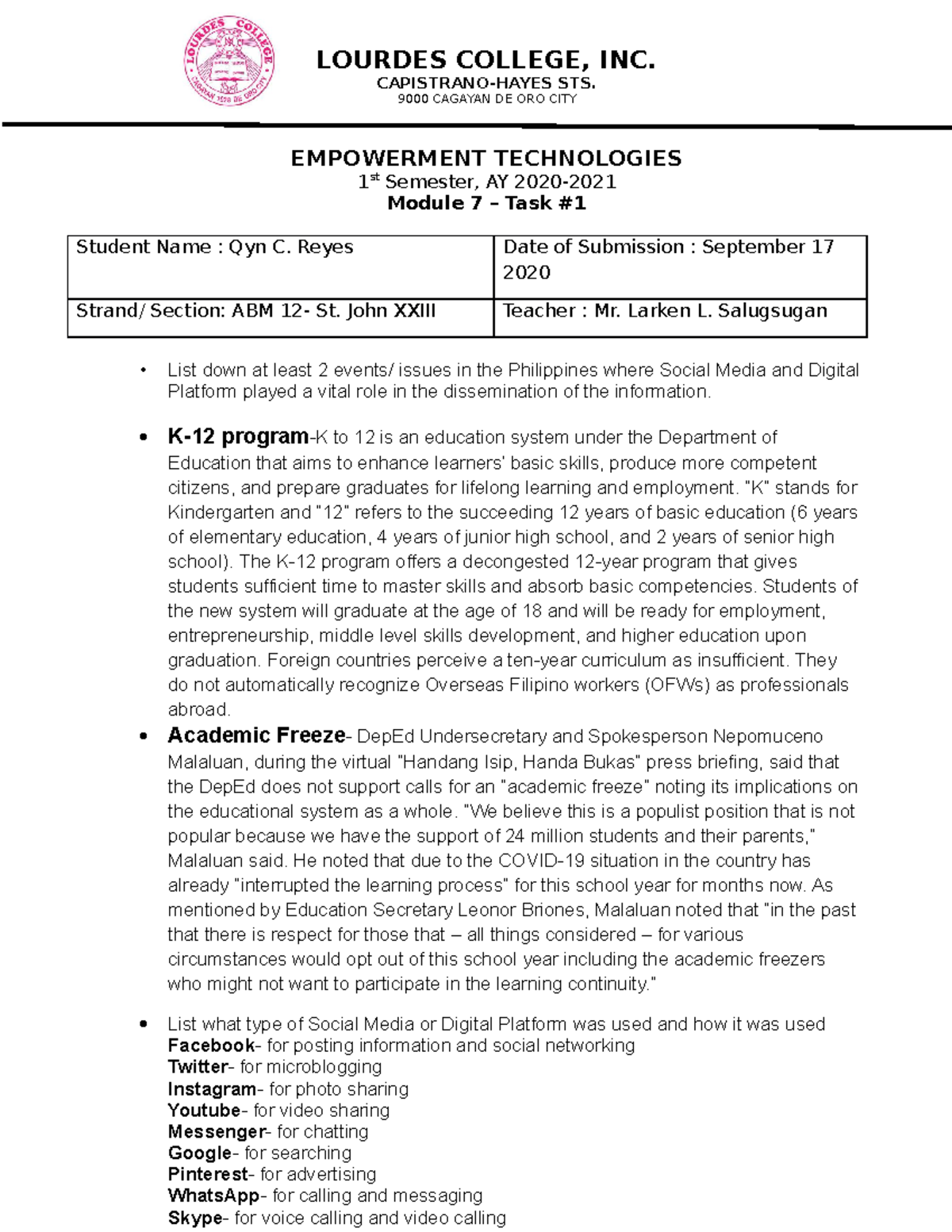 Module 7 Task 1 emptech - LOURDES COLLEGE, INC. CAPISTRANO-HAYES STS ...