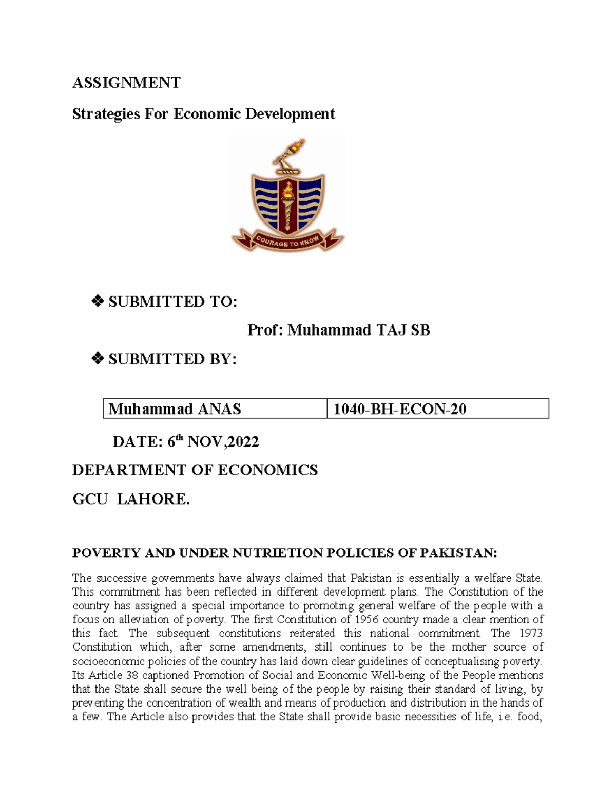 Muhammad Anas Strategies for economic development - ASSIGNMENT Strategies For Economic ...