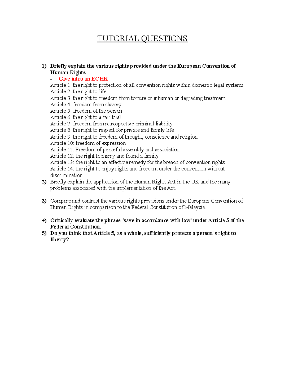 Tutorial Questions 1 on Human Rights - TUTORIAL QUESTIONS 1) Briefly ...