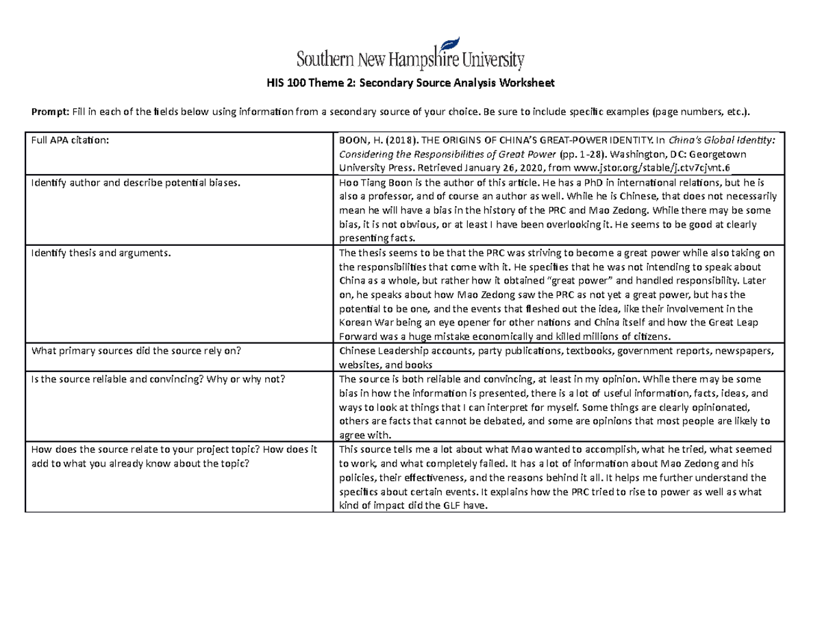 His100 secondary source analysis worksheet - HIS 100 Theme 2: Secondary ...