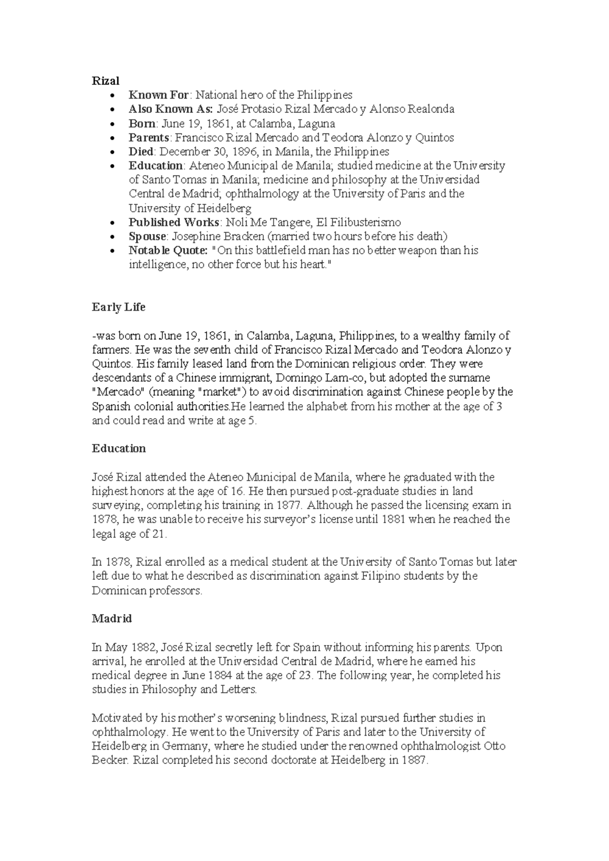 Gen-ed Rizal 1 - Rizal Known For: National hero of the Philippines Also ...