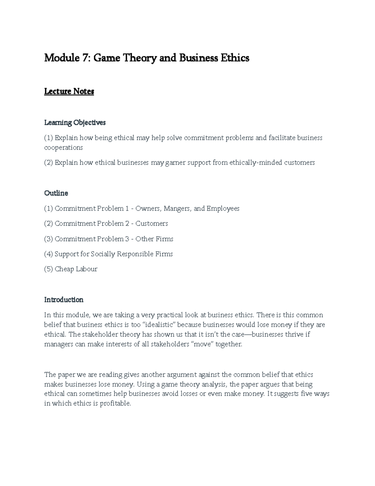 Module 7 - Module 7 : Game Theory and Business Ethics Lecture Notes ...