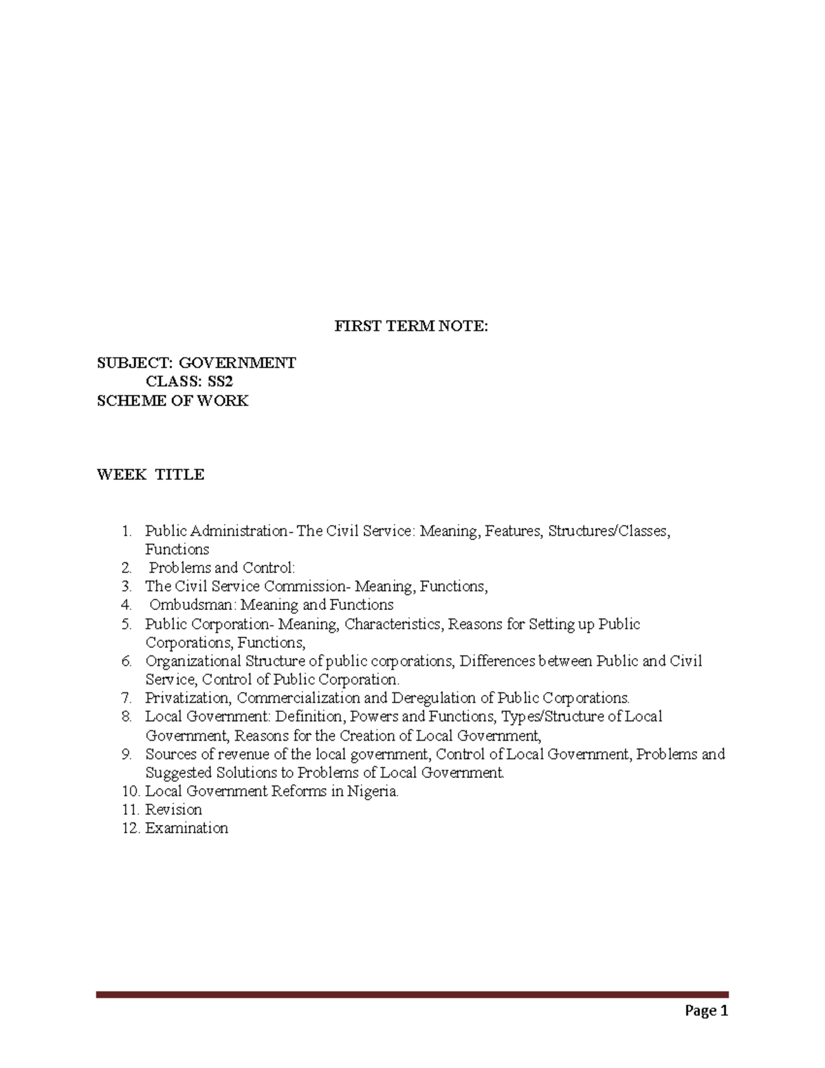 Government e NOTE FOR SS2 1ST-2ND-3RD Terms - FIRST TERM NOTE: SUBJECT ...