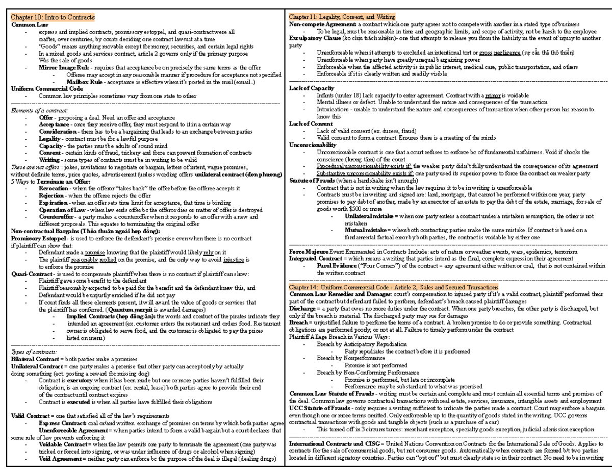 LA245 midterm 2 cheat sheet - Chapter 10: Intro to Contracts Common Law ...