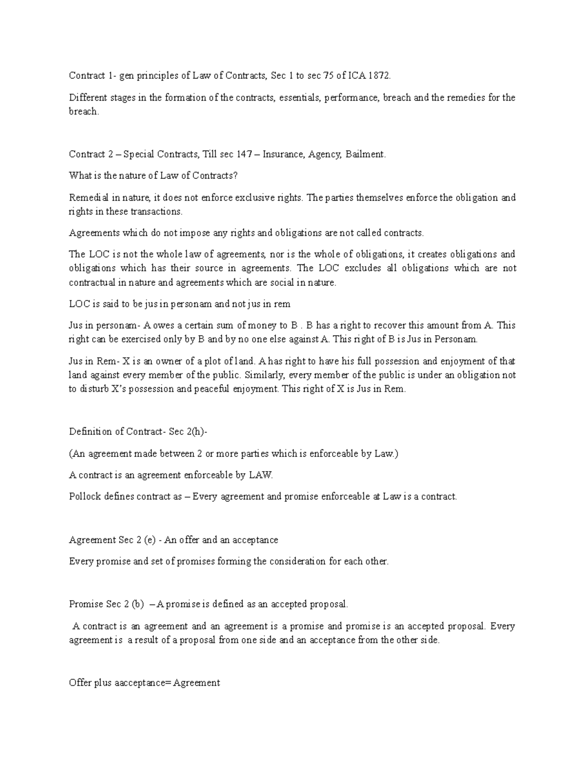 Contracts 1 - Lecture notes 1 to 10 - Contract 1- gen principles of Law ...