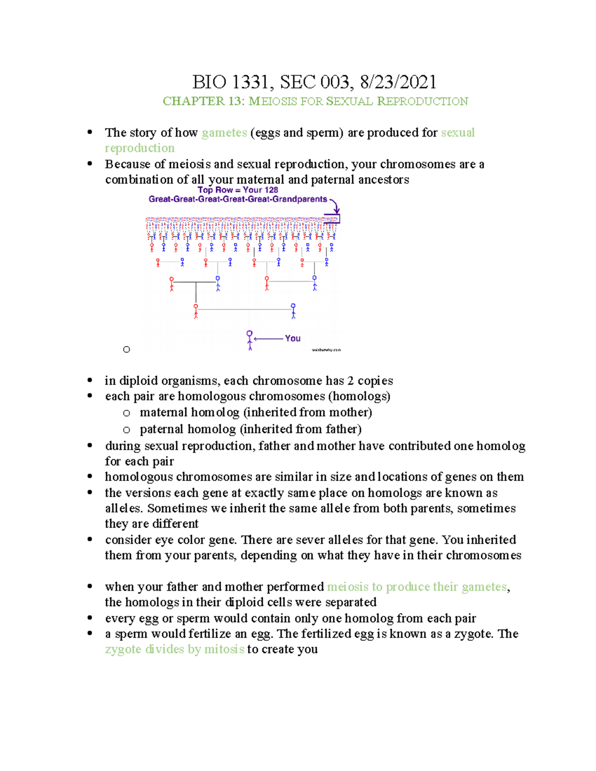 Bio notes, ch. 13 - meiosis for sexual reproduction, Sunethra ...