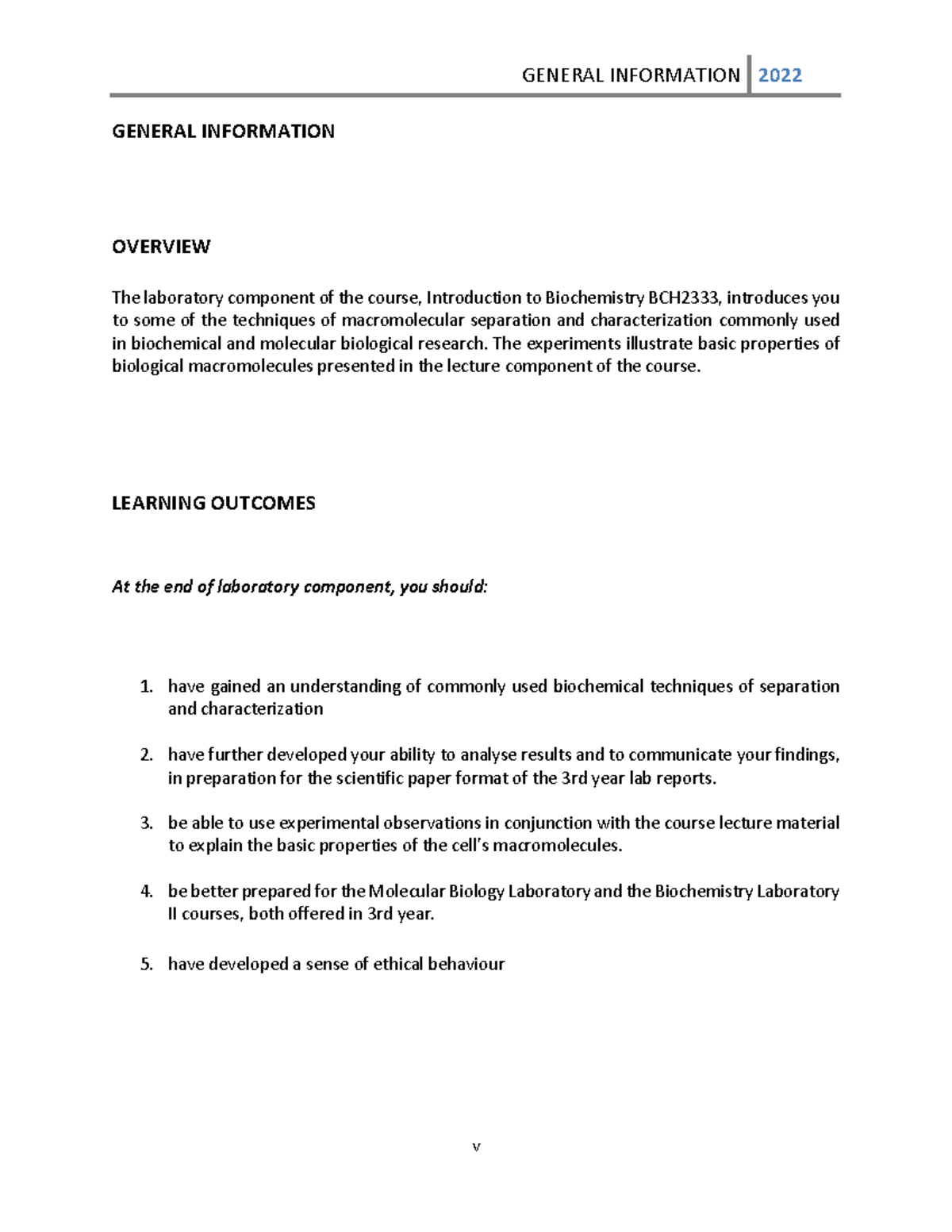 BCH2333 2022 Syllabus - v GENERAL INFORMATION OVERVIEW The laboratory ...