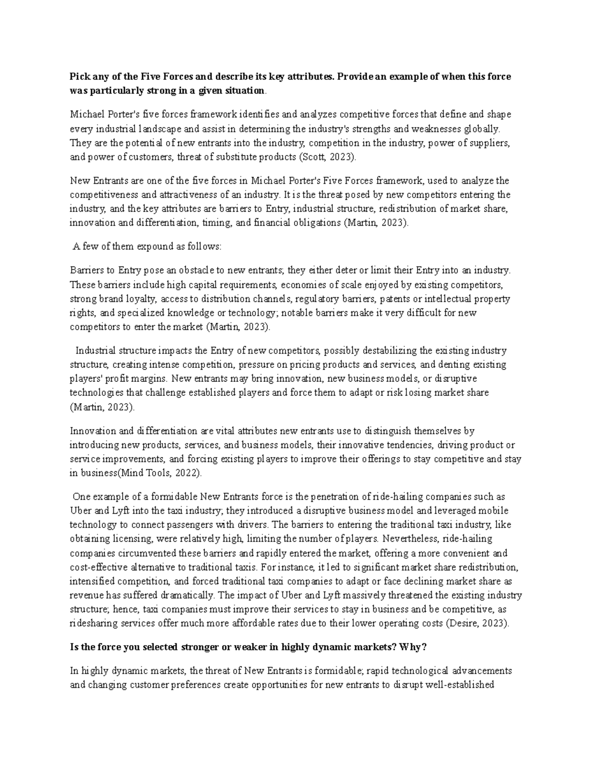 BUS 4407 Discussion POST UNIT. 2 - Pick any of the Five Forces and ...