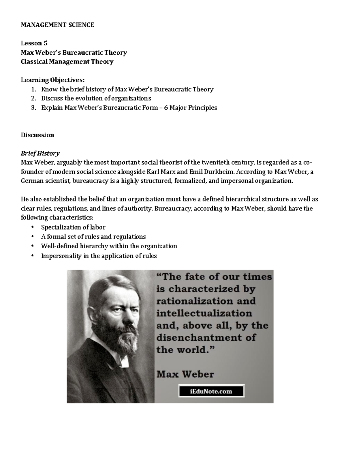 5Max Webber - MANAGEMENT SCIENCE **Lesson 5 Max Weber's Bureaucratic Theory Classical Management ...