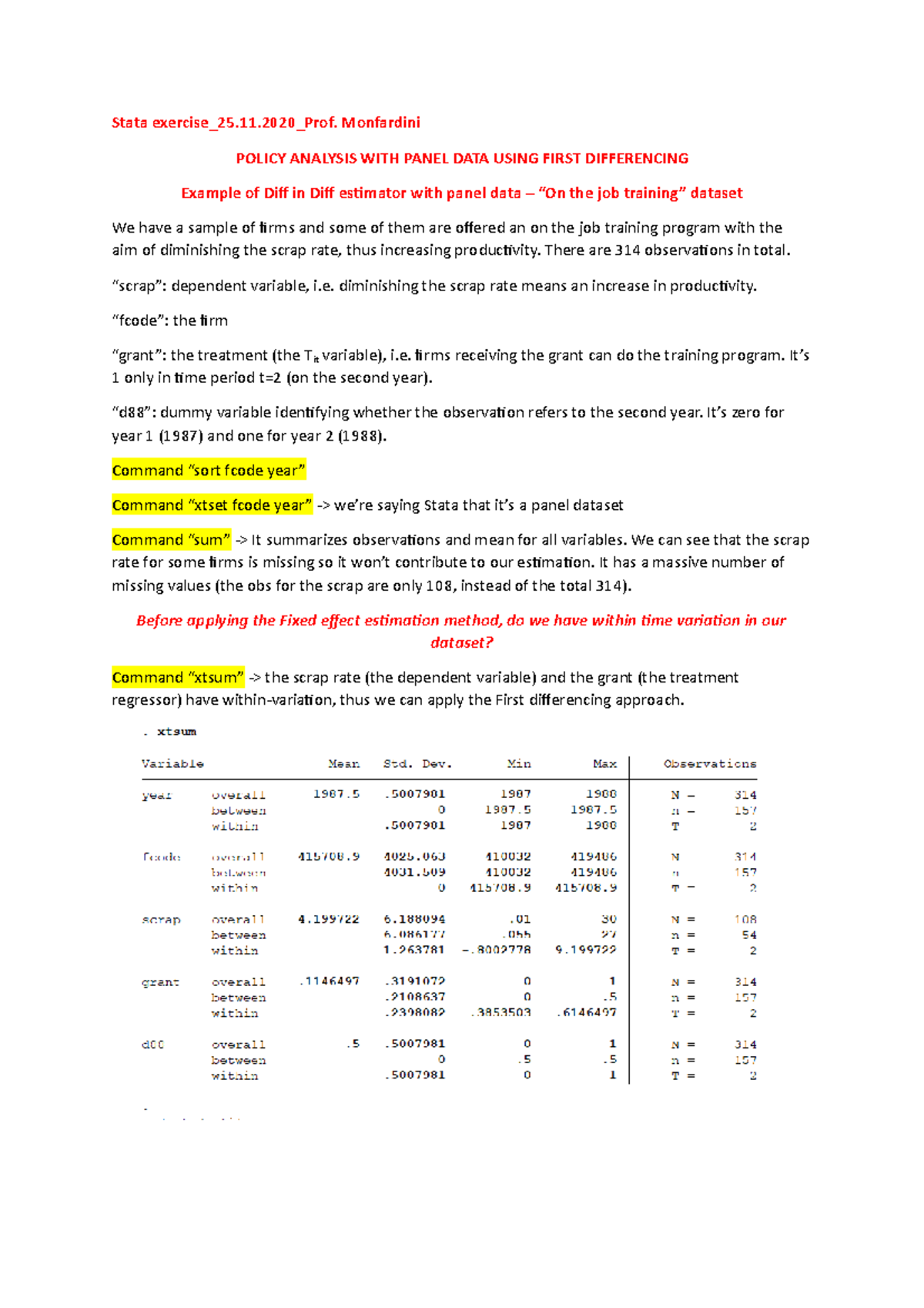 Stata Exercise Diff In Diff Panel Stata Exercise2511prof Monfardini Policy Analysis With 5157