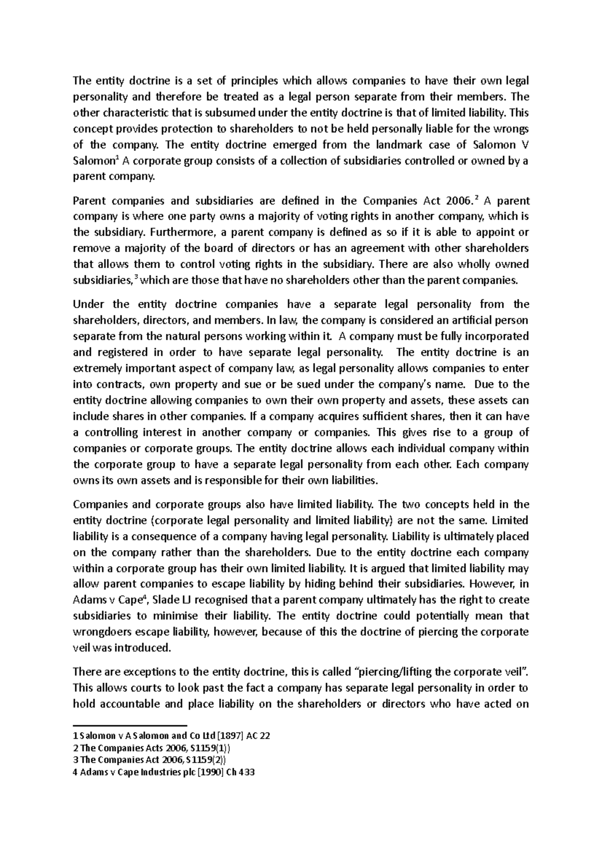 Company law essay - The entity doctrine is a set of principles which ...