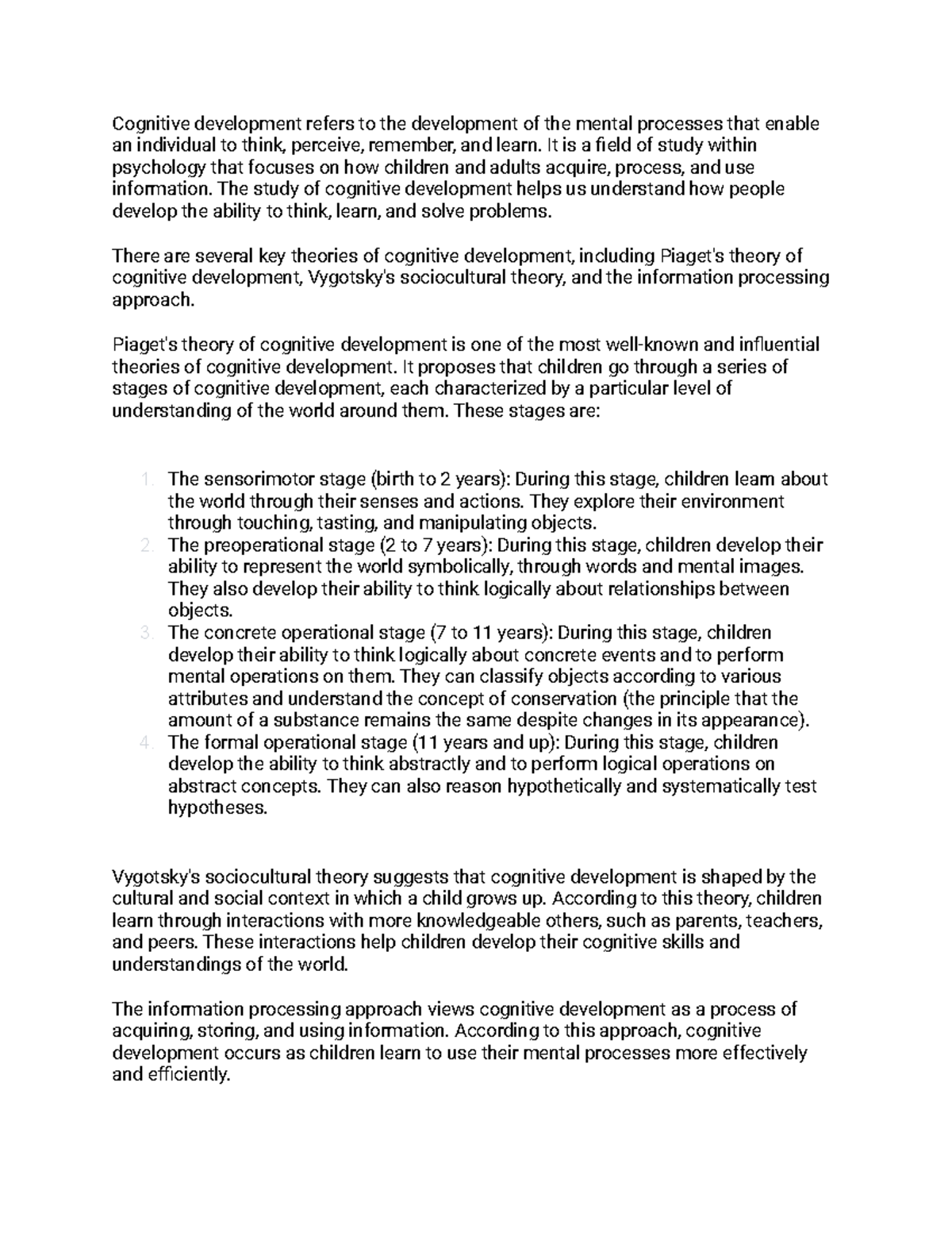 Intro to cognitive development - Cognitive development refers to the ...