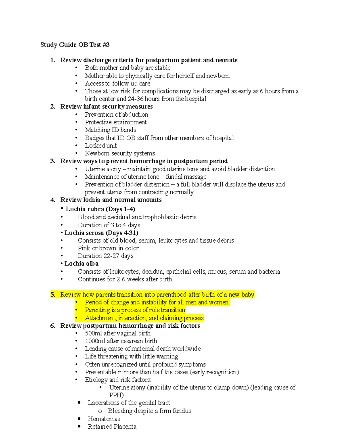 Study Guide OB Test #3 - Review discharge criteria for postpartum ...