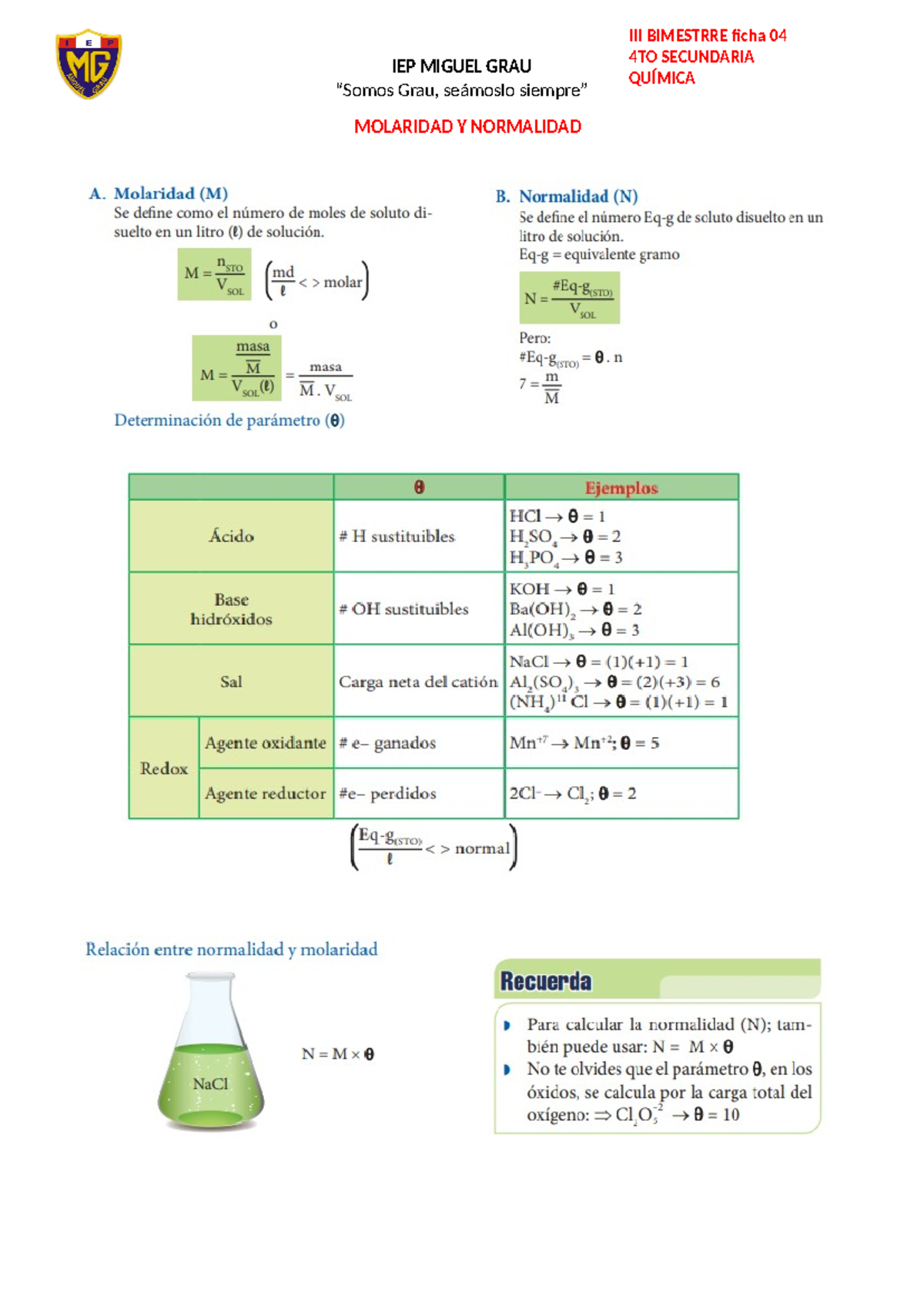 Normalidad Molaridad - quimica - III BIMESTRRE ficha 04 4TO SECUNDARIA ...